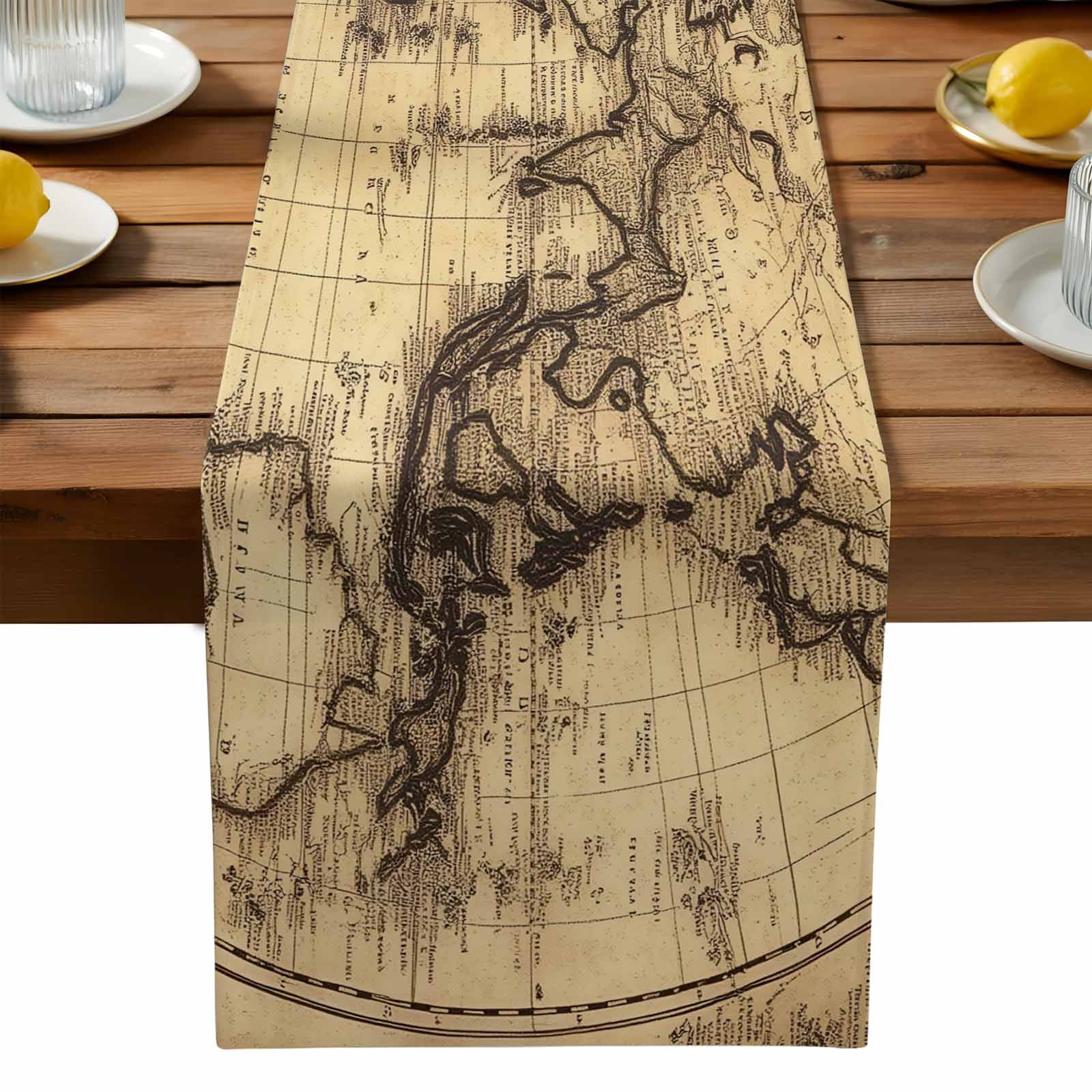 Retro Yellow World Map North America Asia Table Runner-70 Inch Long ...