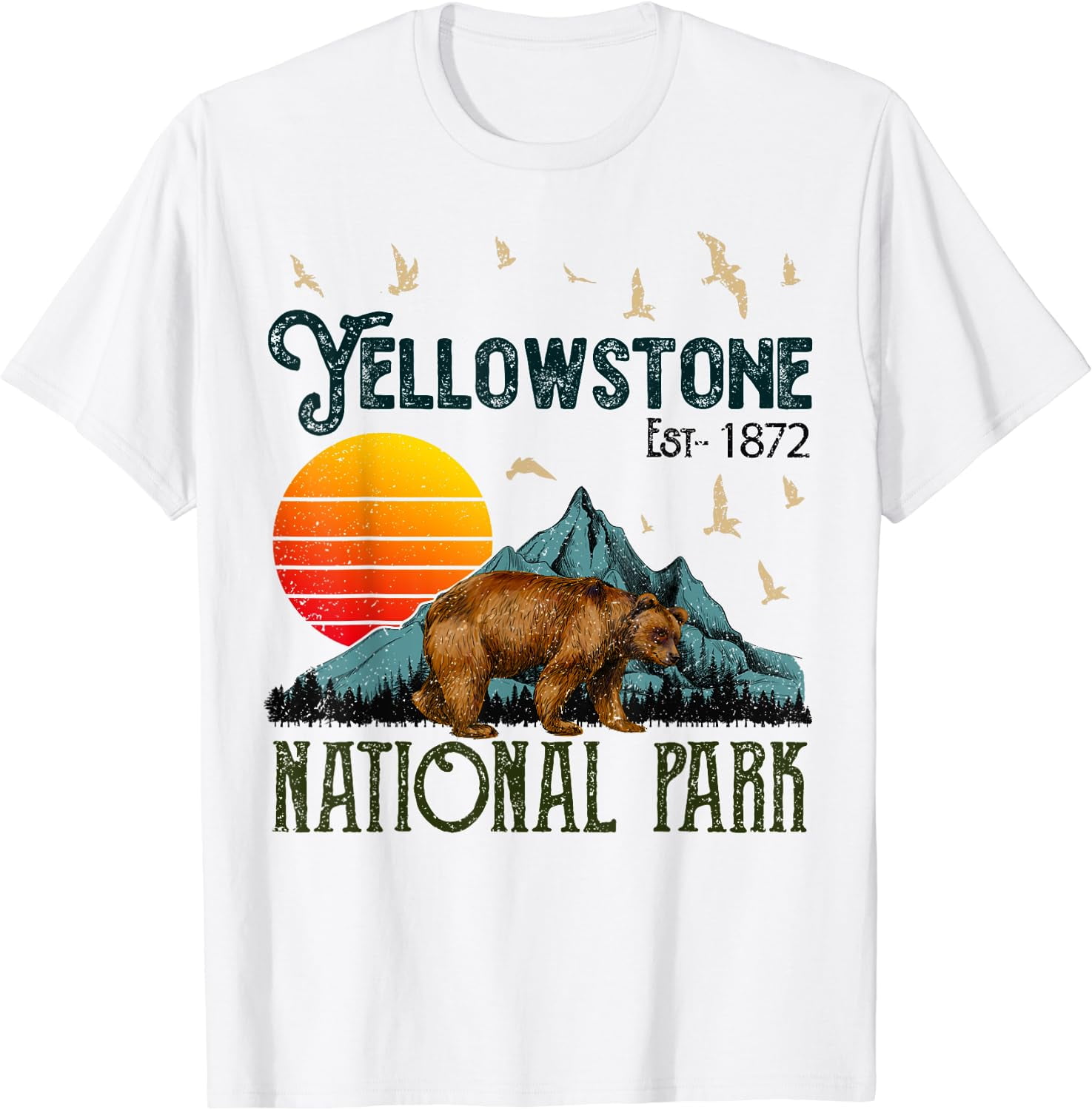 Retro Yellowstone National Park Moutains Camping Bear T-Shirt White ...