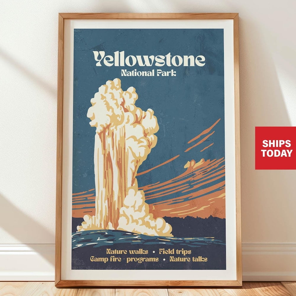 Retro Yellowstone Travel Print Yellowstone Art Wyoming Wall Art ...