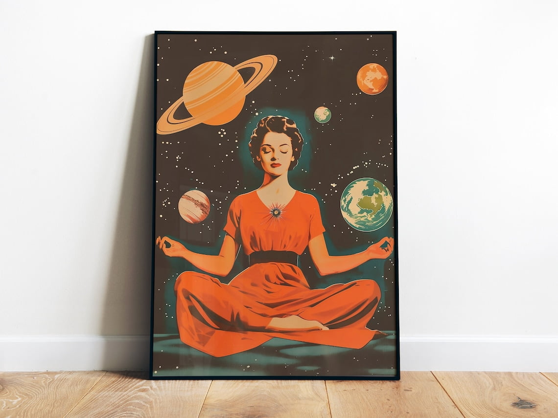 Retro Yoga Girl Art Print Meditation Poster 70S Space Wall Art Yoga ...
