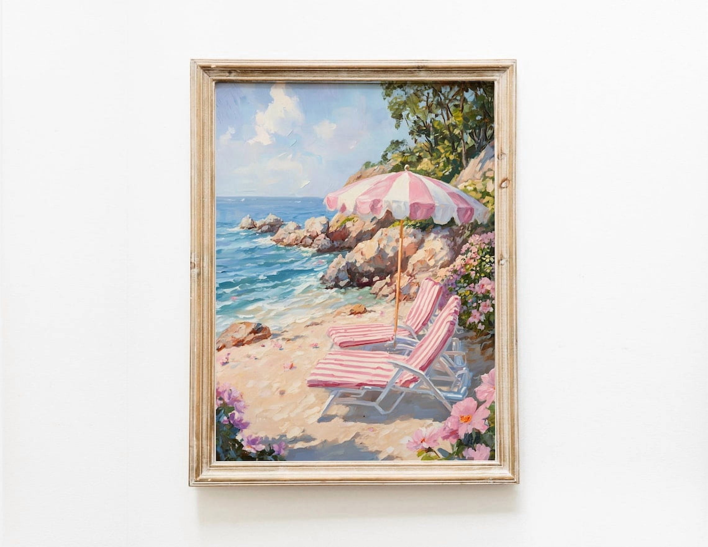 Retro beach Poster pink umbrellas vintage pastel coastal artwork dreamy ...