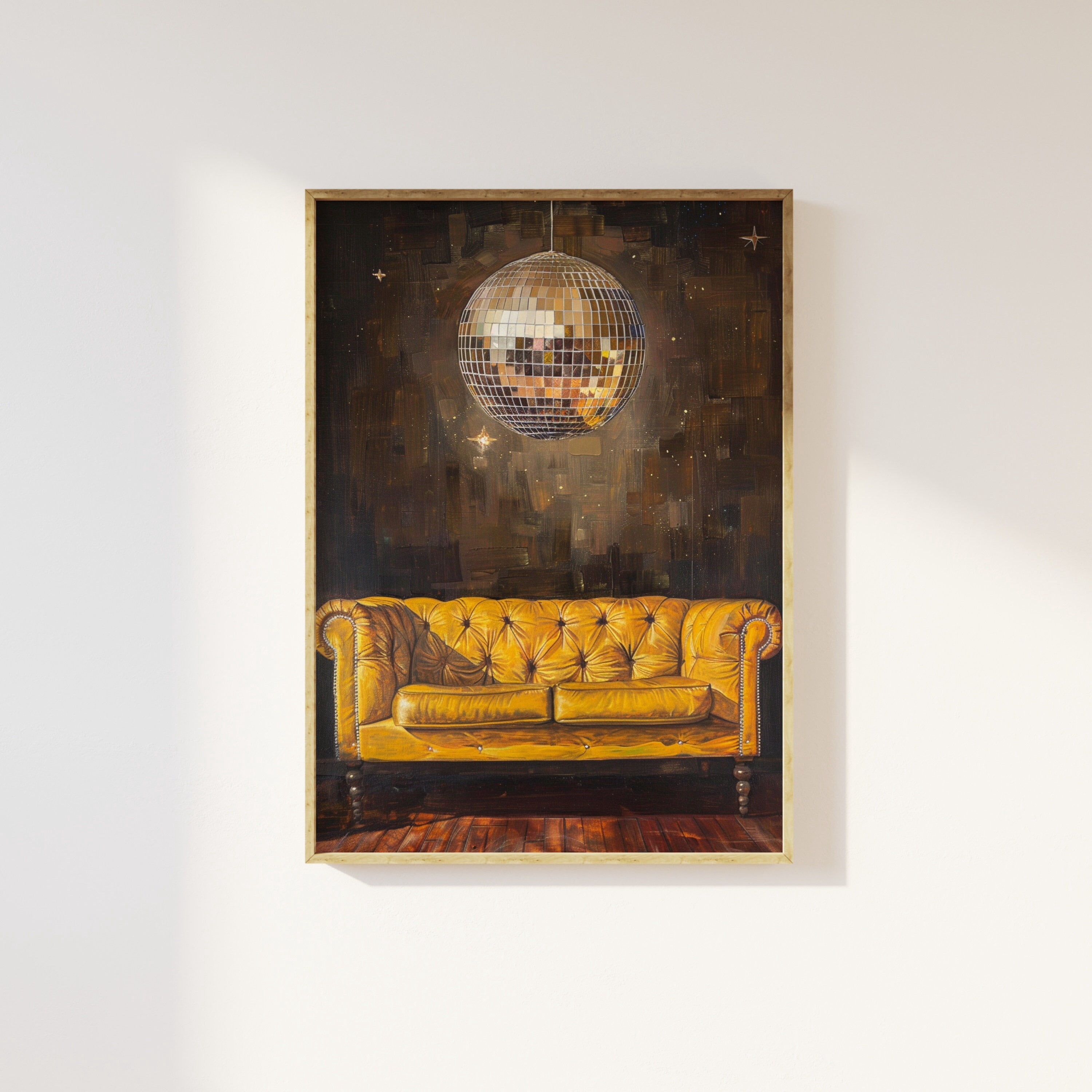 Retro disco ball above sofa art print | 1970s disco glam aesthetic ...