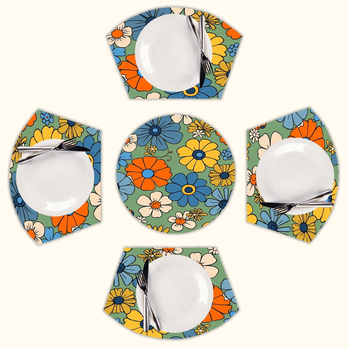 Retro floral green background design Round Table Placemats Set Of 5 ...