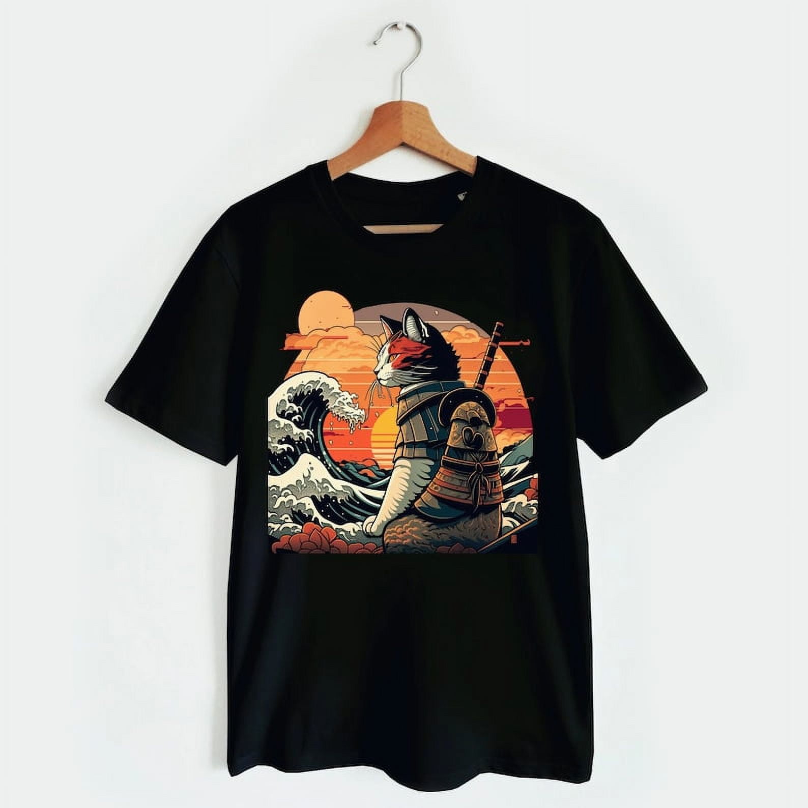 Retro samurai cat T-shirt The Great Wave off Kanagawa Hokusai - Walmart.com