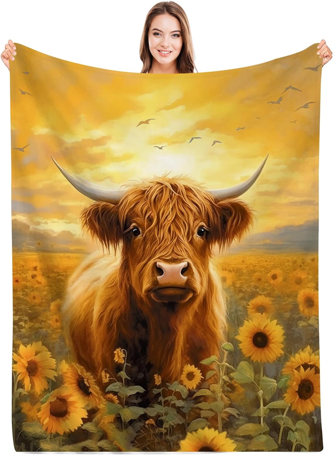 Retro style country style highland cow print plush blanket, comfortable ...