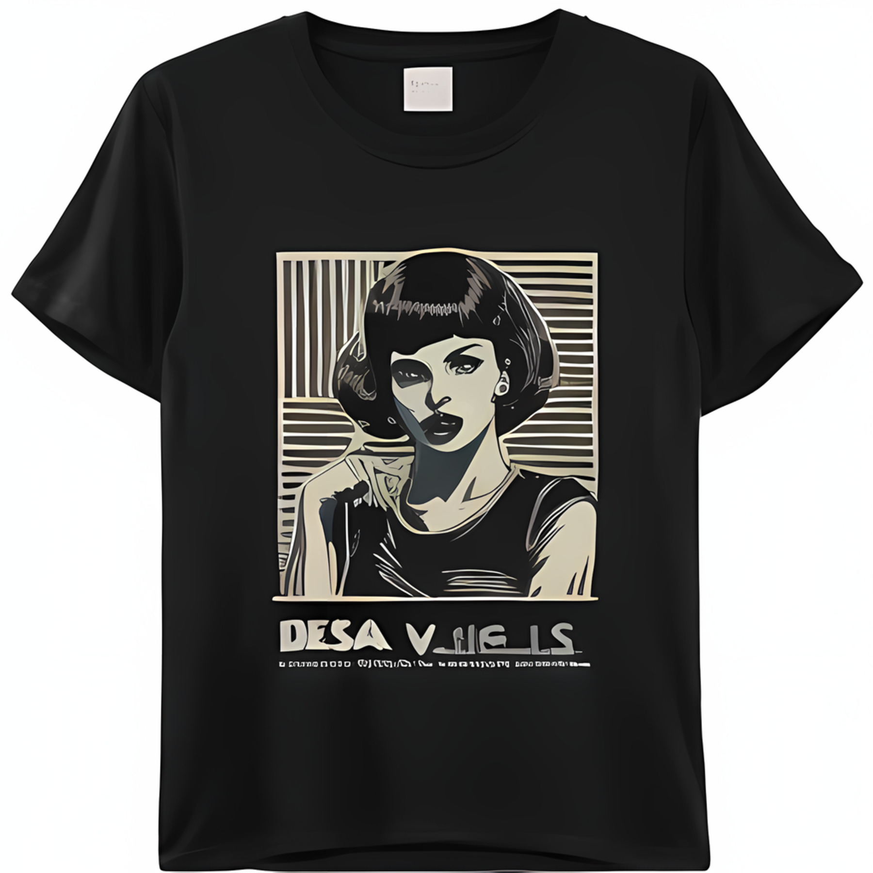 Retrofuturistic Black T-Shirt with 'Desa Vhells' Mona Lisa Design Bold ...