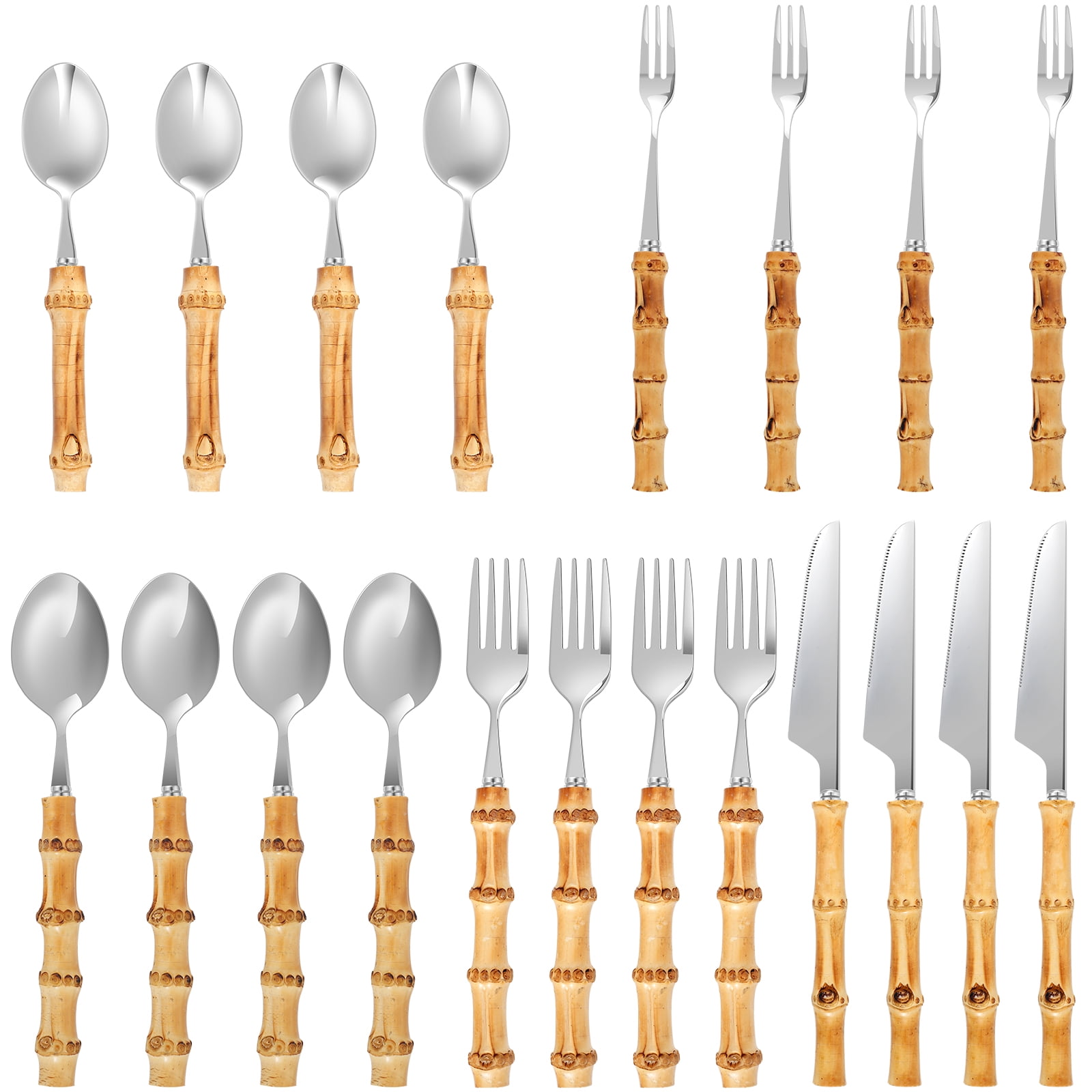 Retrok 20pcs Bamboo Silverware Set Stainless Steel Tableware Set ...