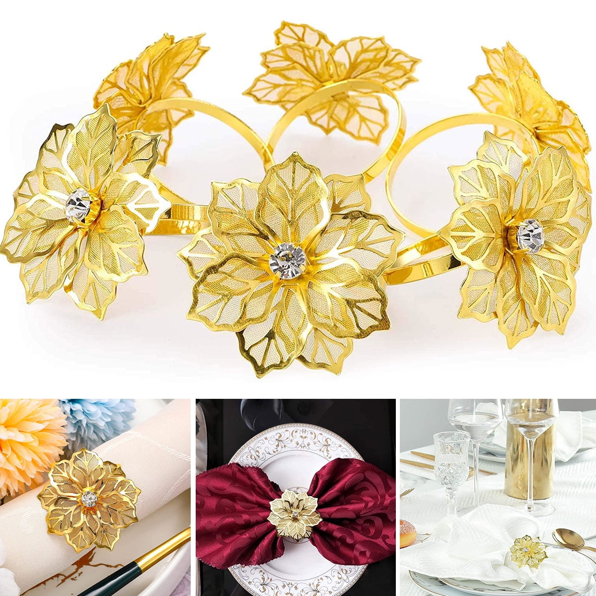 Retrok 6Pcs Flower Napkin Ring Set Buckle - Durable Hollow Out Metal ...