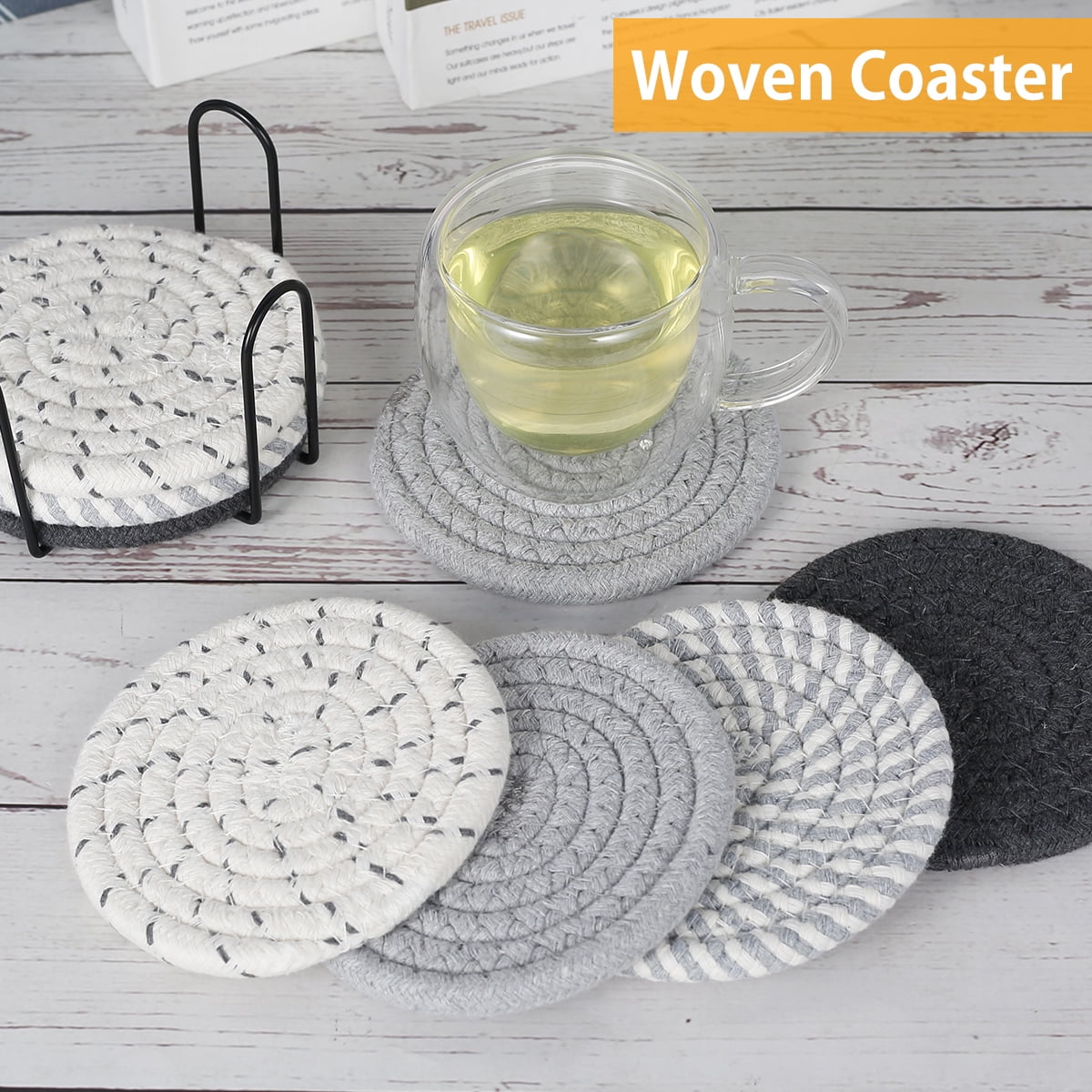 Retrok 8pcs Drink Coasters with Holder Handheld Woven Coaster Absorbent ...