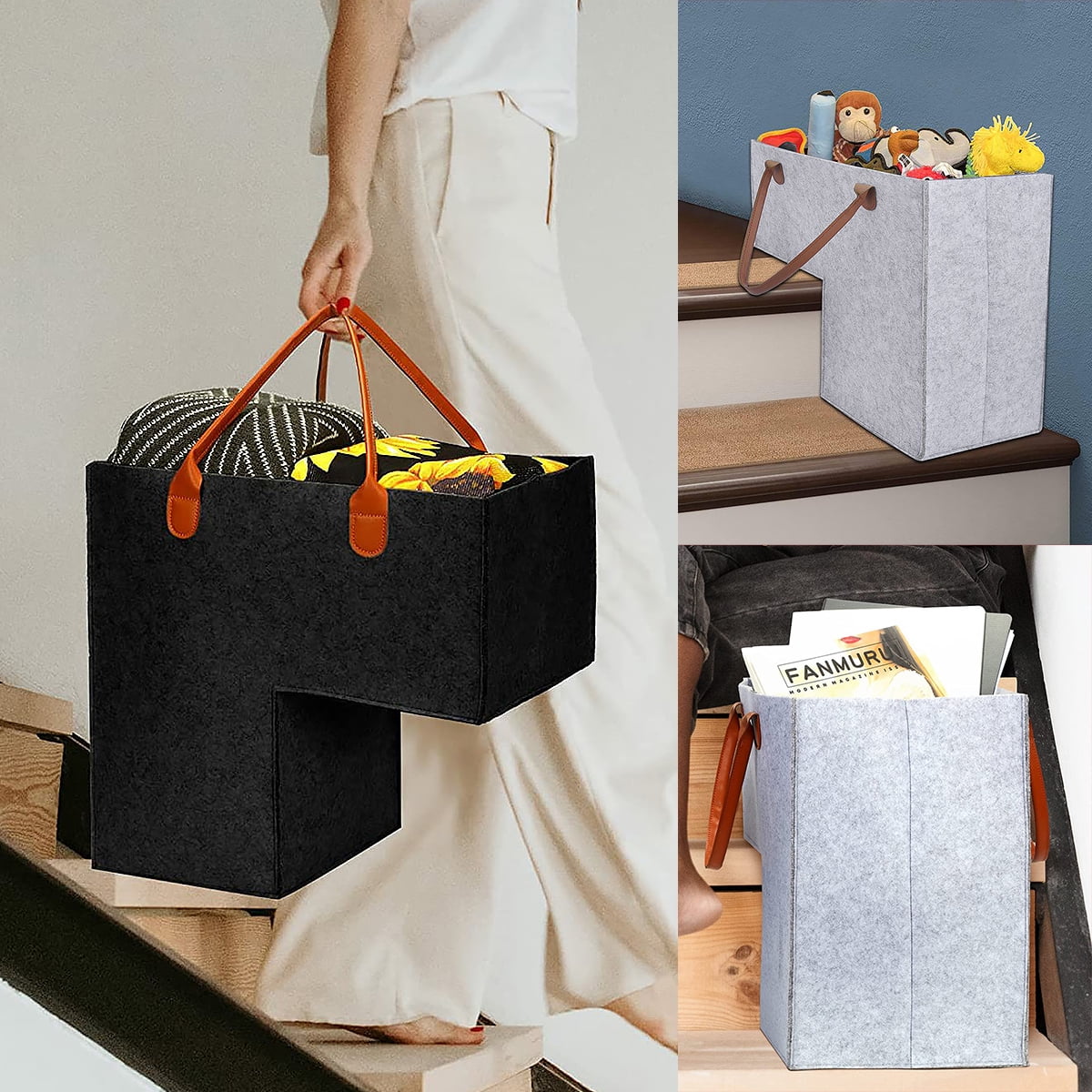 Retrok Stair Basket with Leather Handles Felt L-Shape Large Capacity ...