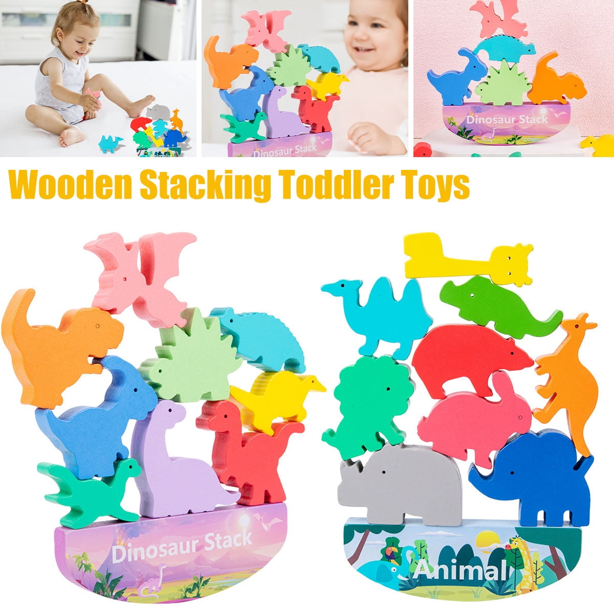Retrok Wooden Stacking Dinosaur Toys balance beam blocking Montessori ...