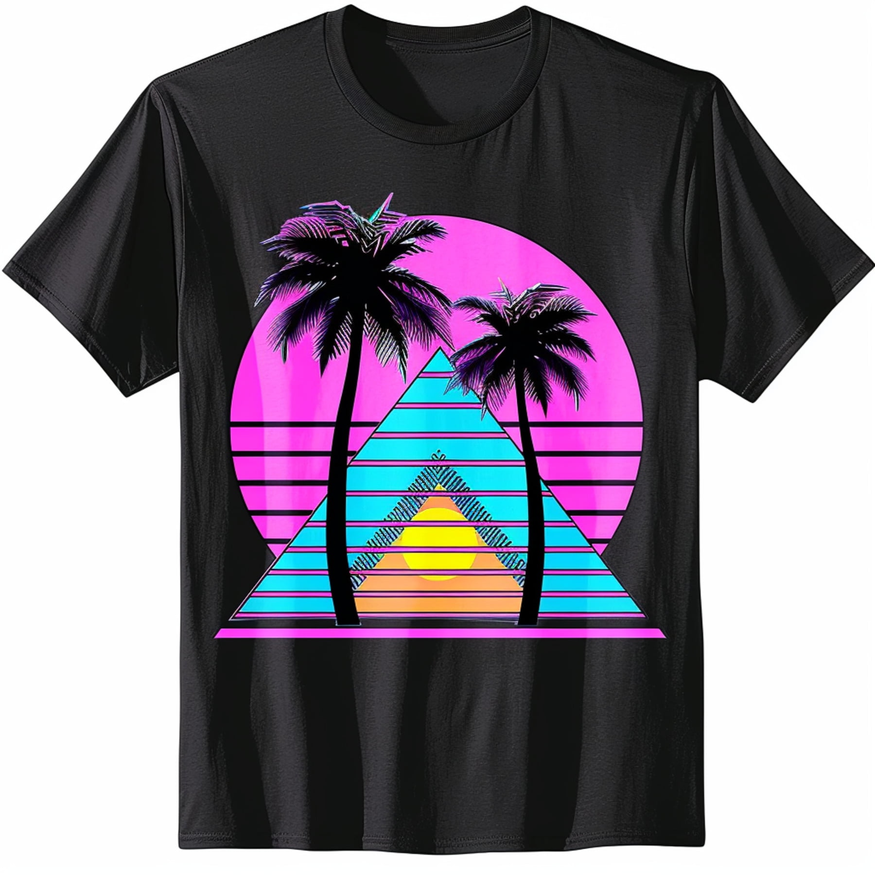 Retrowave Sunset Palm Trees Synthwave Triangle Black Tee High Res ...
