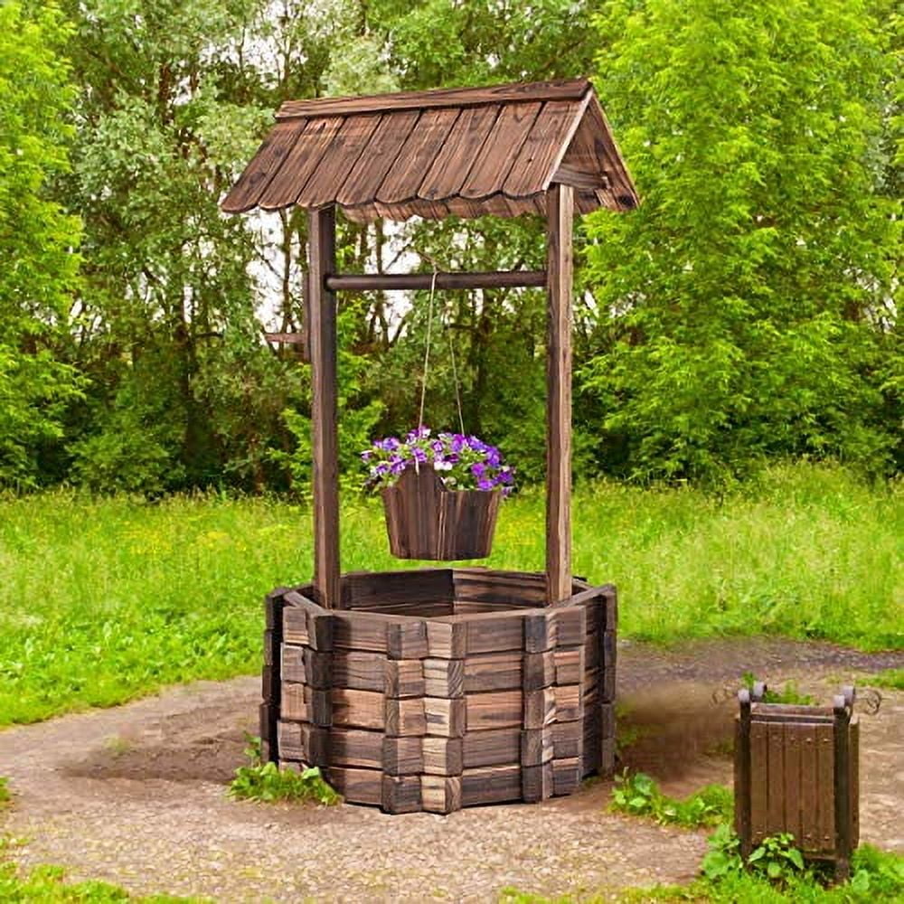 ReunionG Outdoor Wooden Wishing Well Garden Planter with Hanging Flower ...