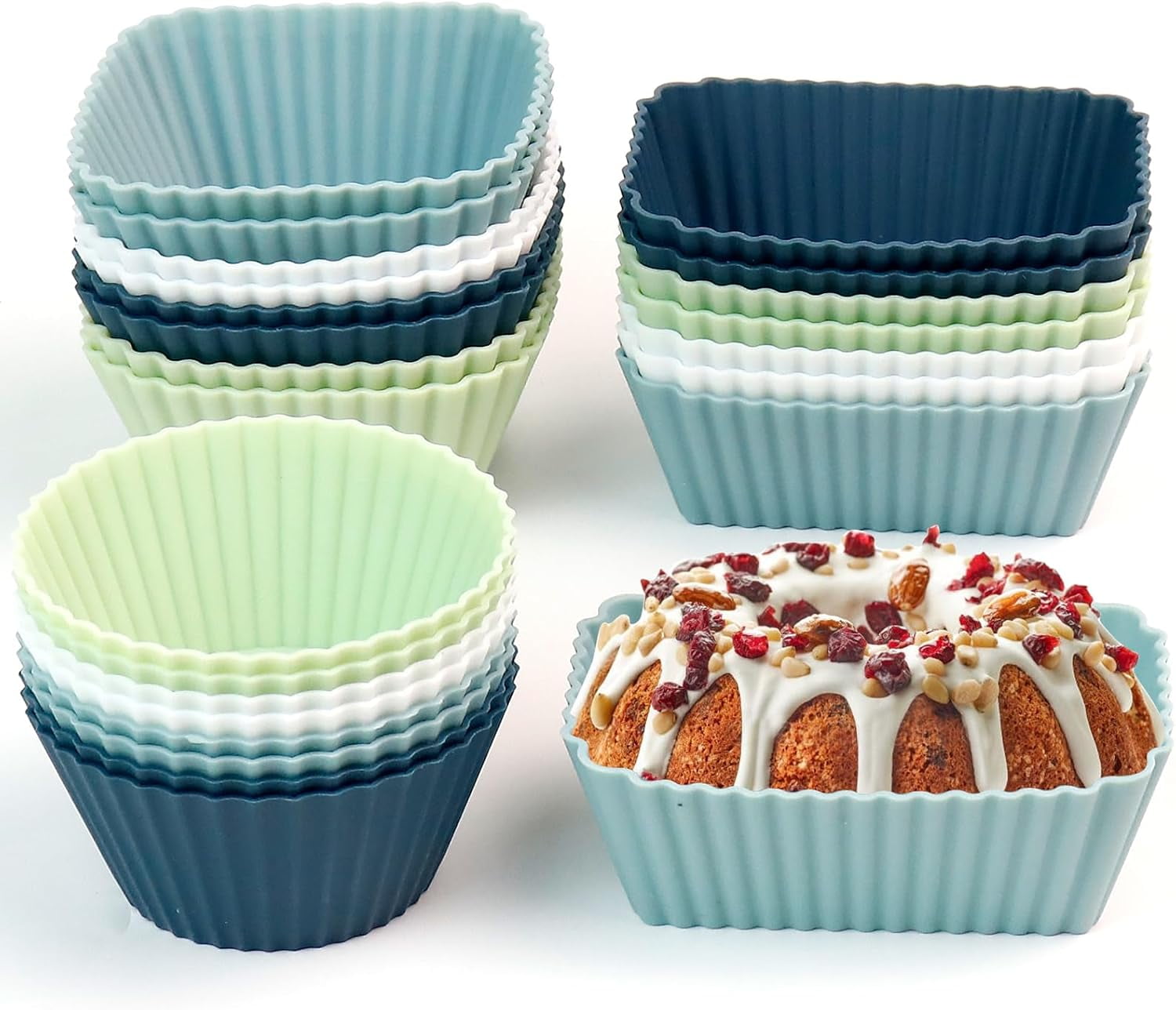 Reusable Baking Cups Silicone Muffin Cases - 3 Shapes 24 Pack Muffin ...