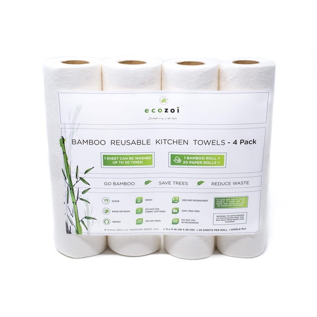Eco-Friendly Bamboo Kitchen Paper Towels, 4-Pack - Reusable, 100% ...