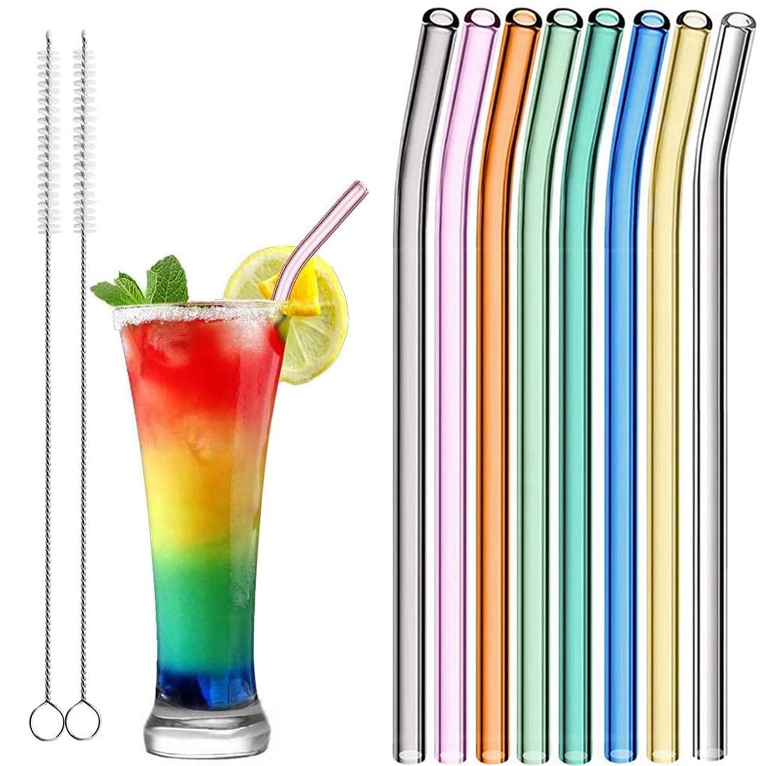 Reusable Bent Glass Straws, 8mm Glass Drinking Straws with 2 Cleaning ...