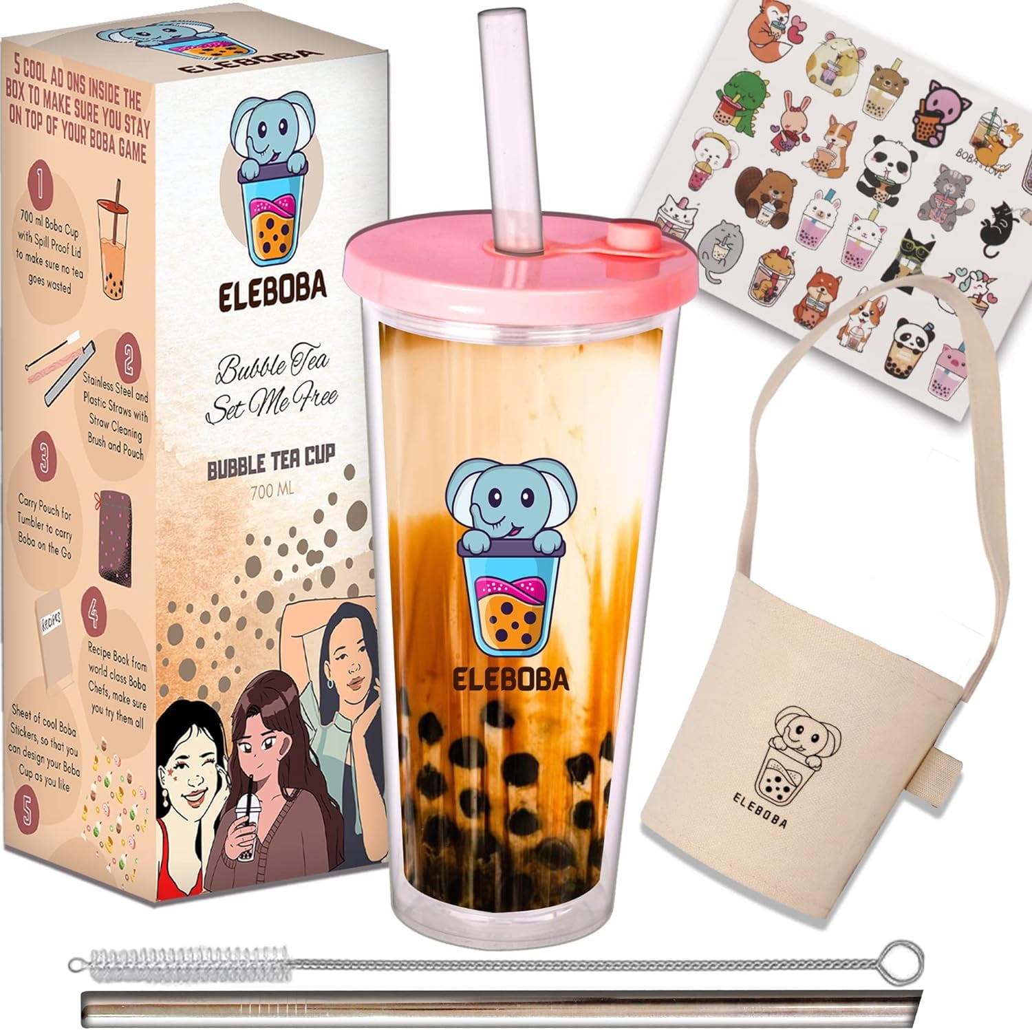 Reusable Boba Cup with Lid and Straws - Leak Proof Tumbler for Bubble ...