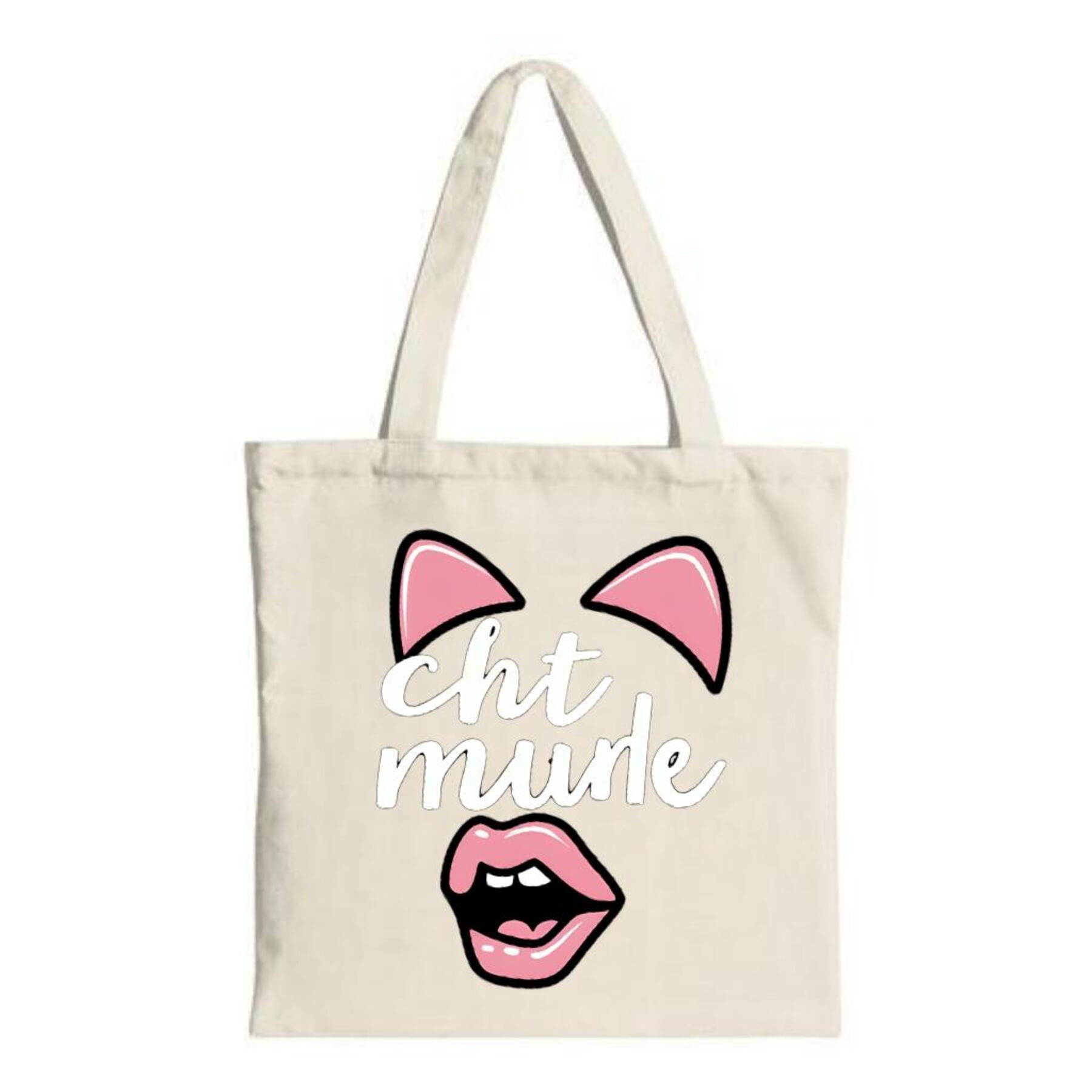 Reusable Canvas Grocery Shopping Bag with Cute Pink & Cursive ' Chat ...