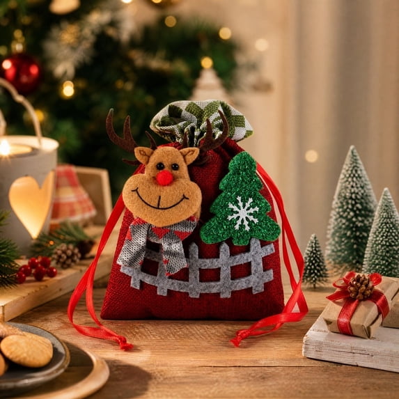 Reusable Christmas Drawstring Gift Bags, Fabric Holiday Treat Pouch ...