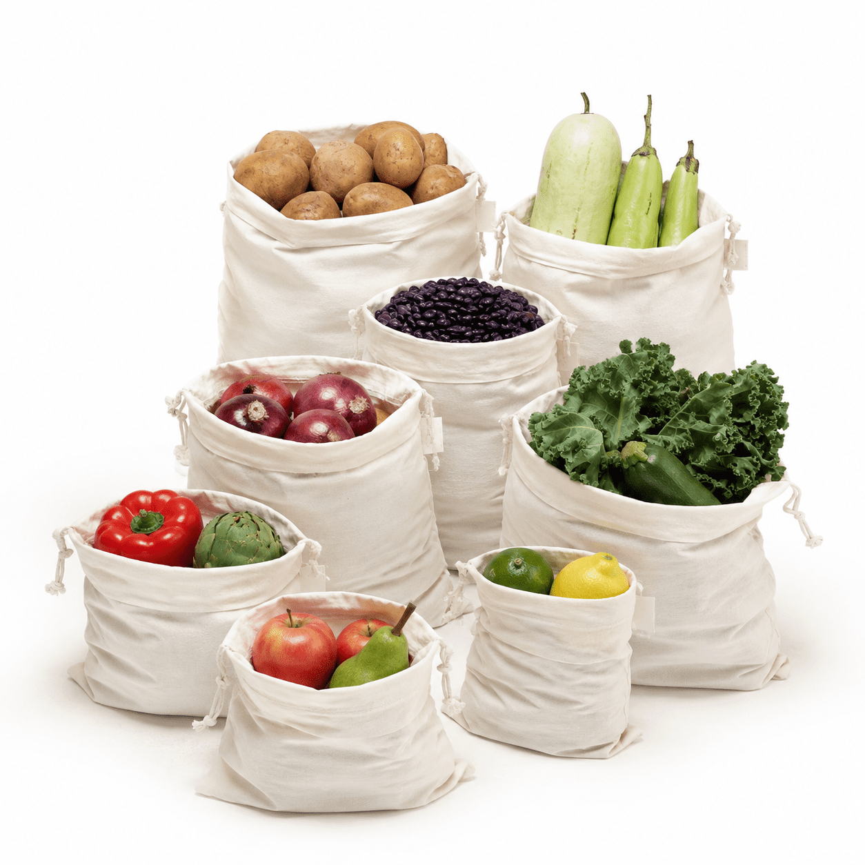 Reusable Cotton Produce Bags Set, 2 X Large, 2 Large, 2 Medium, 2 Small ...