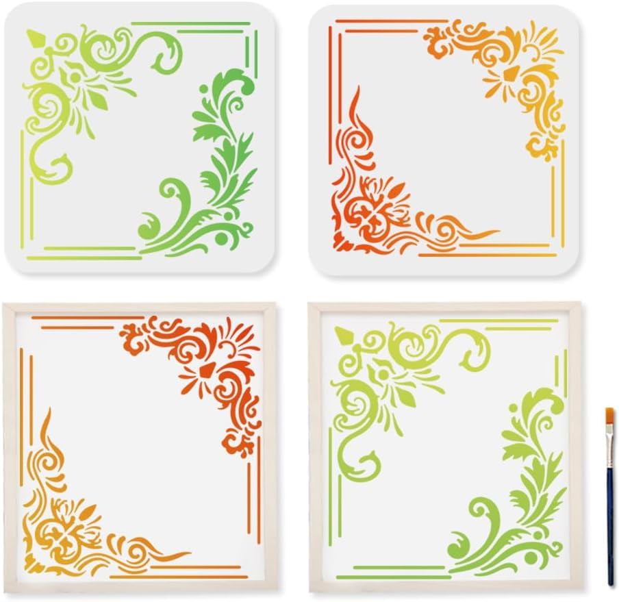 Reusable Floral Corner Stencil Templates - 2 Pack 11.8x11.8 Inch Square ...