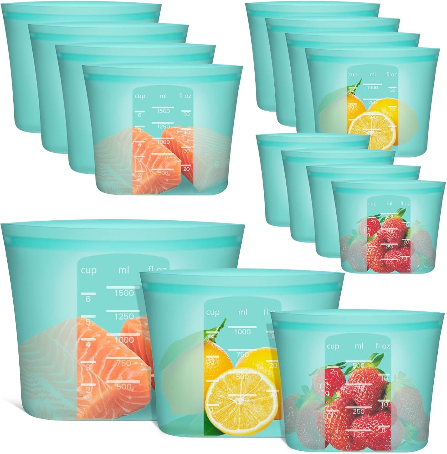 Reusable Food Bags, 12 Pack 100% Silicone Food Storage Bags Stand Up ...