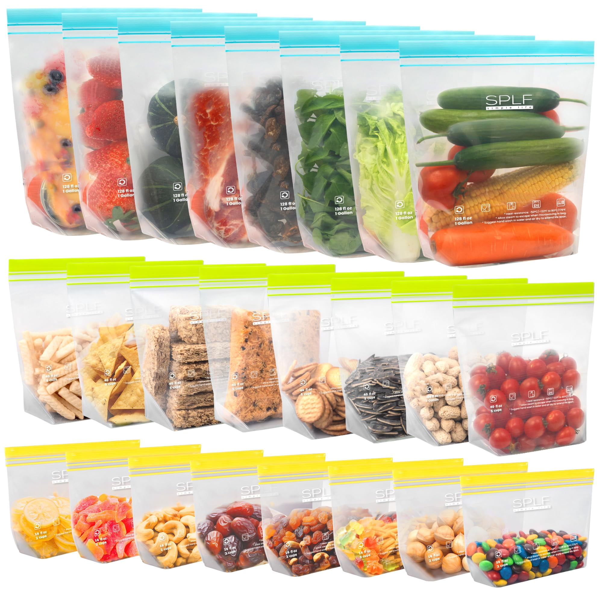 Reusable Food Storage Bags 24 Pack, BPA Free Freezer Safe Containers ...