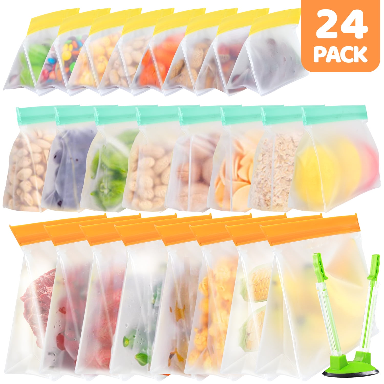 Reusable Food Storage Bags Stand Up with Baggy Rack, 24 Pack Reusable ...