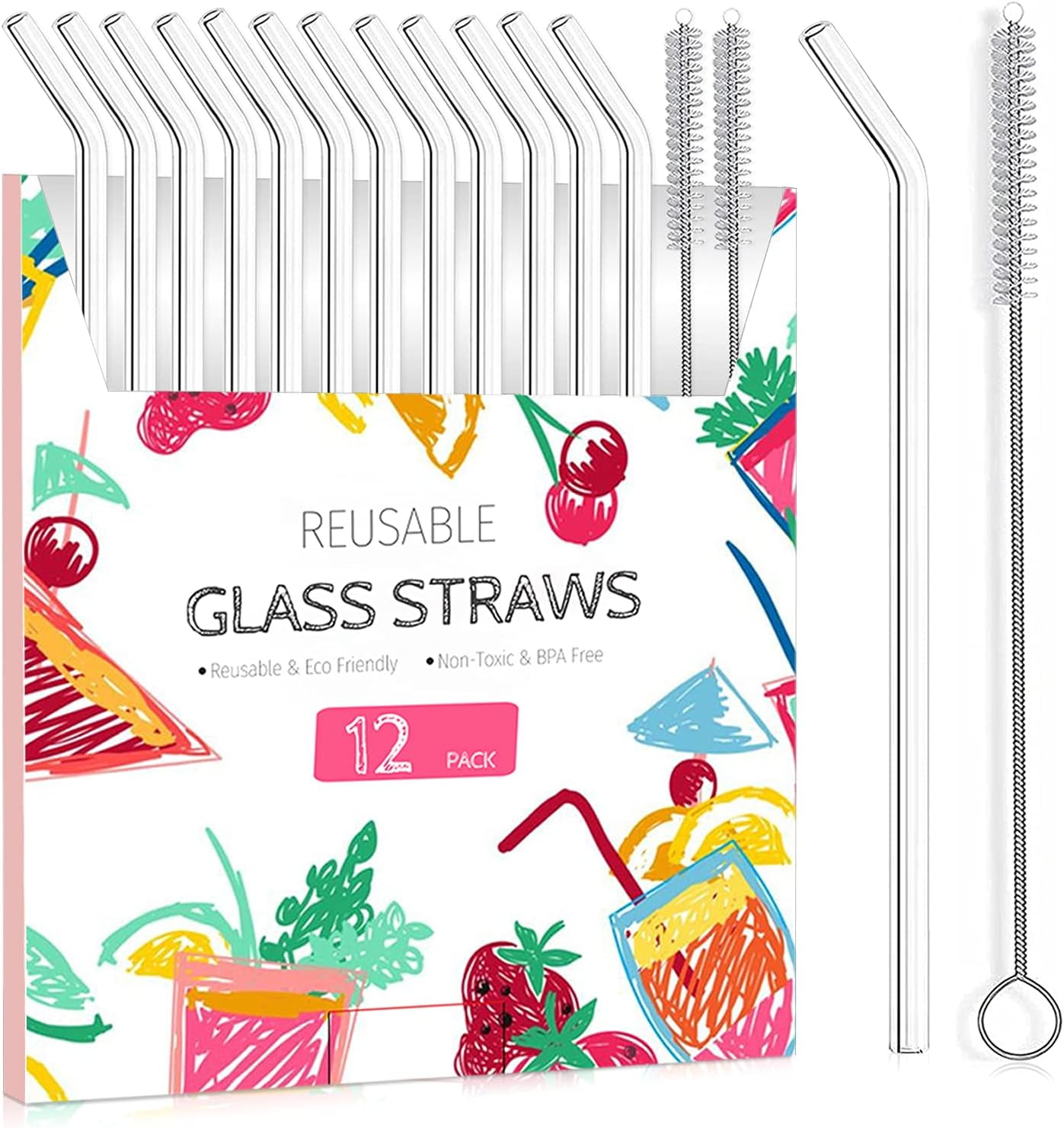 Reusable Glass Bent Straws - Set of 12 Drinking Straws | Eco-Friendly ...