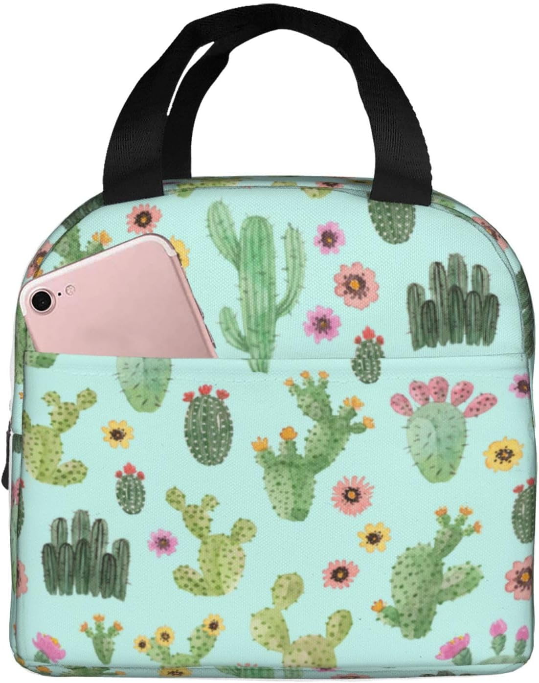 Reusable Insulated Lunch Bag Watercolor Mint Green Cactus Flowers ...