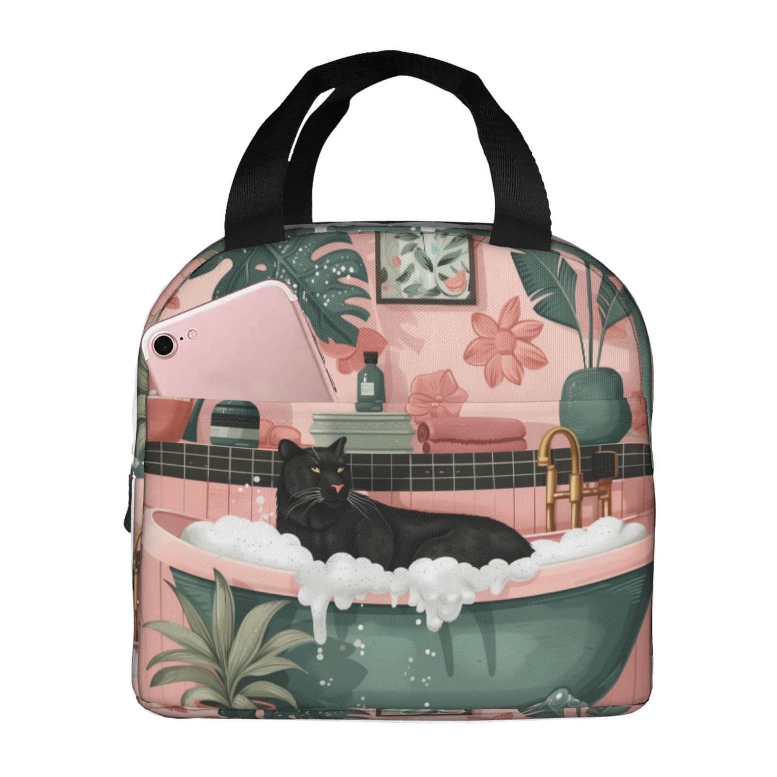 Reusable Insulated Lunch Box Black Cat Pink Bathroom Lunch Bag ...