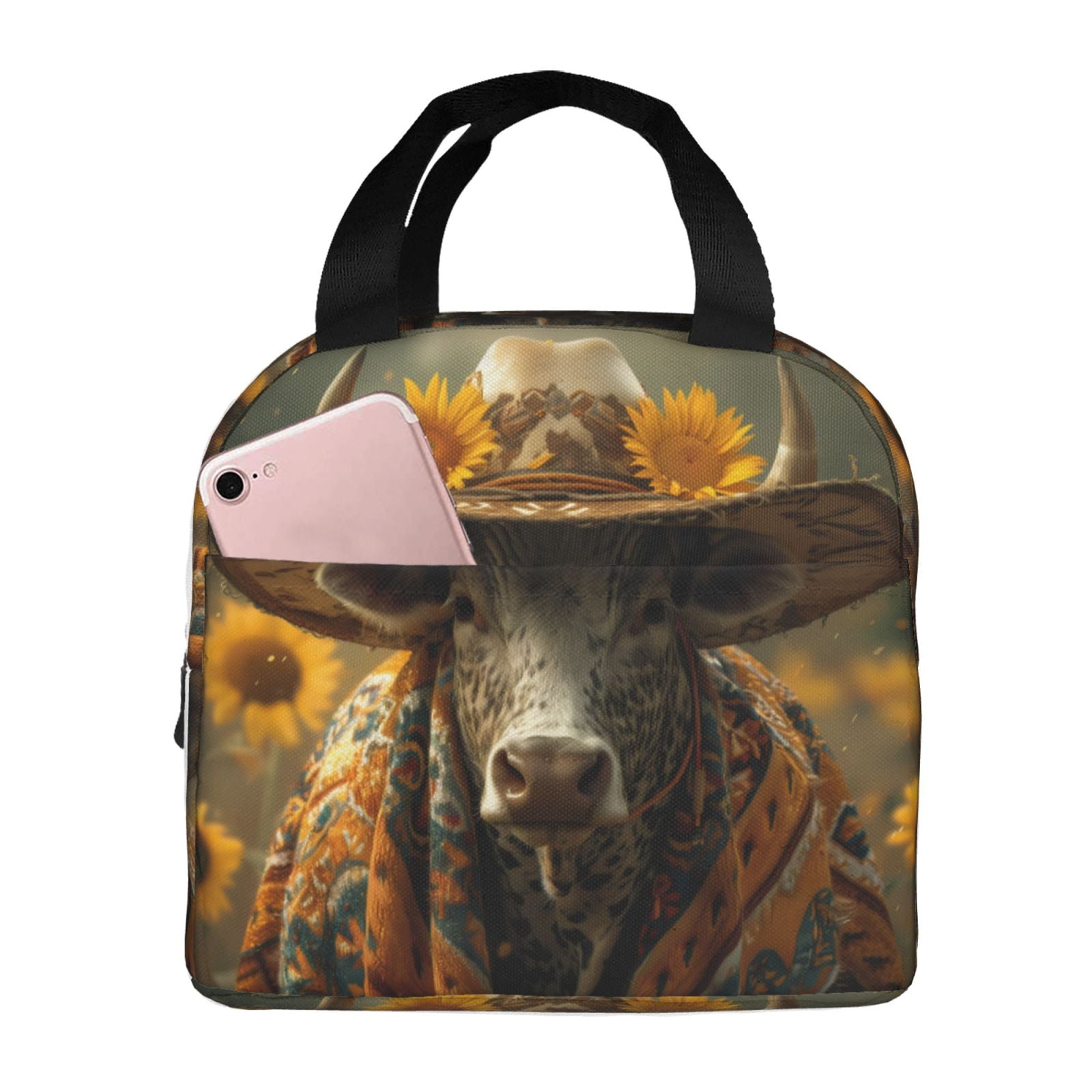 Reusable Insulated Lunch Box Sunflower Cowboy Hat Cow Lunch Bag ...