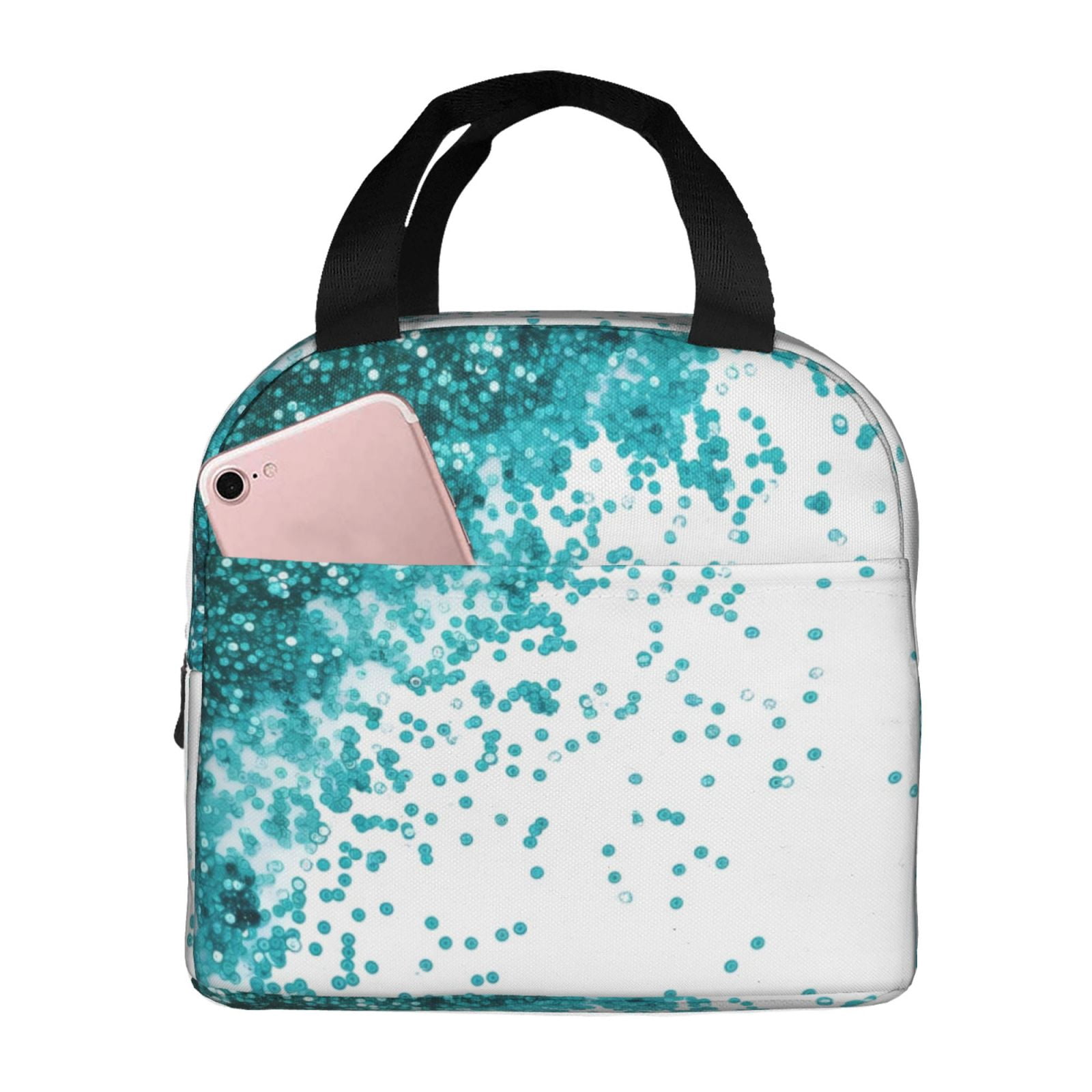 Reusable Insulated Lunch Box Teal Glitter on White Lunch Bag Container ...