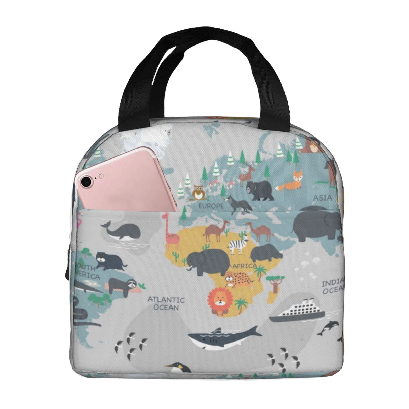 Reusable Insulated Lunch Box World Map with Cartoon Animals Lunch Bag ...