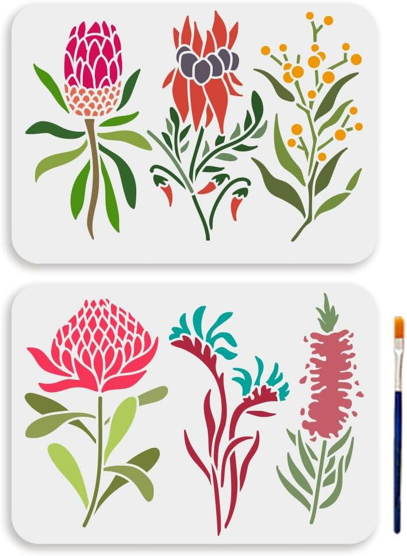 Reusable Large Flower Stencil Set - 11.7x8.3 Inch Tropical Botanical ...