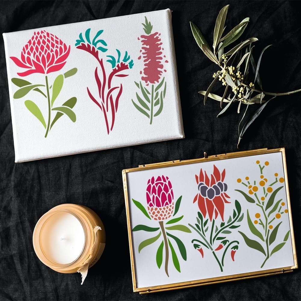 Reusable Large Flower Stencil Set - 11.7x8.3 Inch Tropical Botanical ...