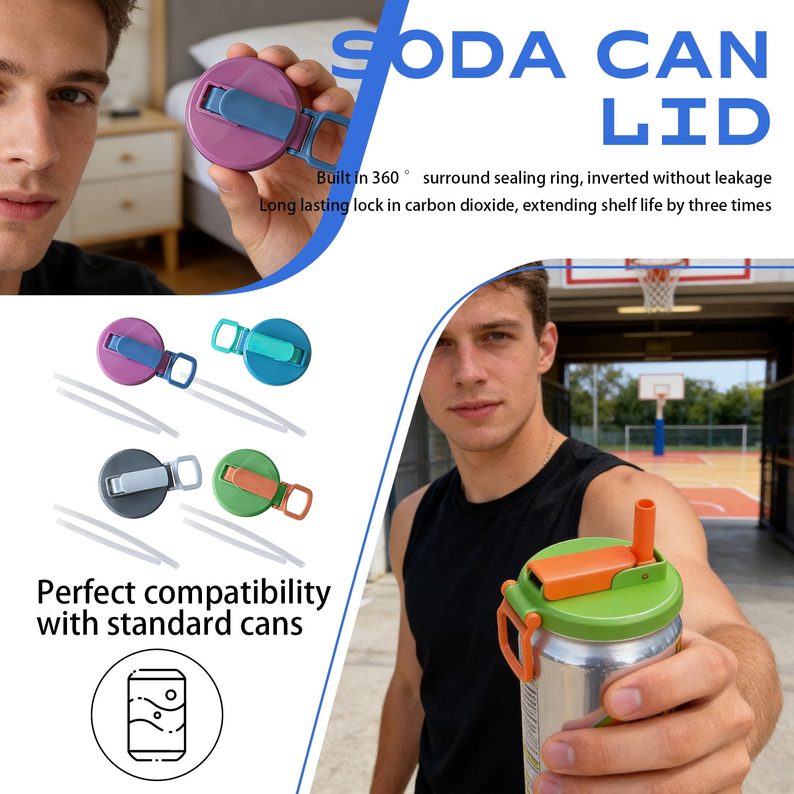 Reusable Leak Proof Can Lid with Straws - Plastic Snap-On Cover for ...
