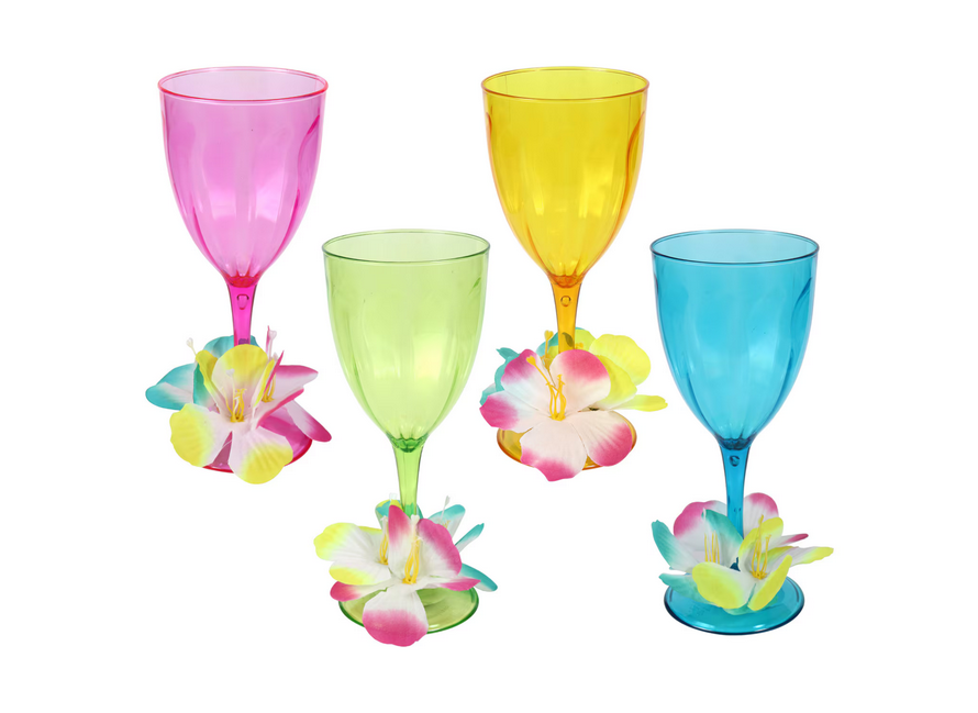 Reusable Plastic Luau Wine Goblets with Decorative Flower Summer Fun ...