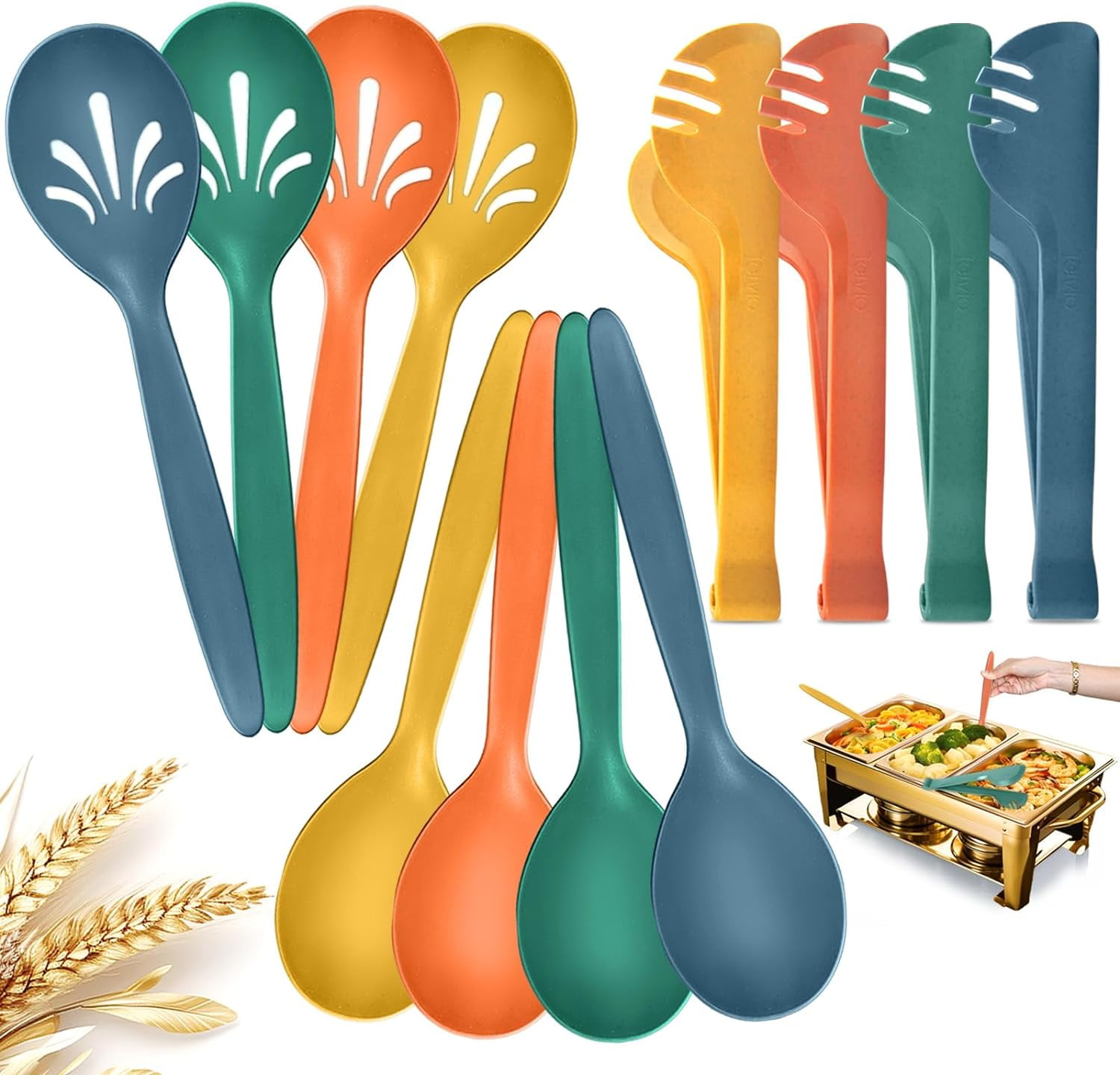 Reusable Plastic Serving Utensils Set of 12, Wheat straw Large Serving ...