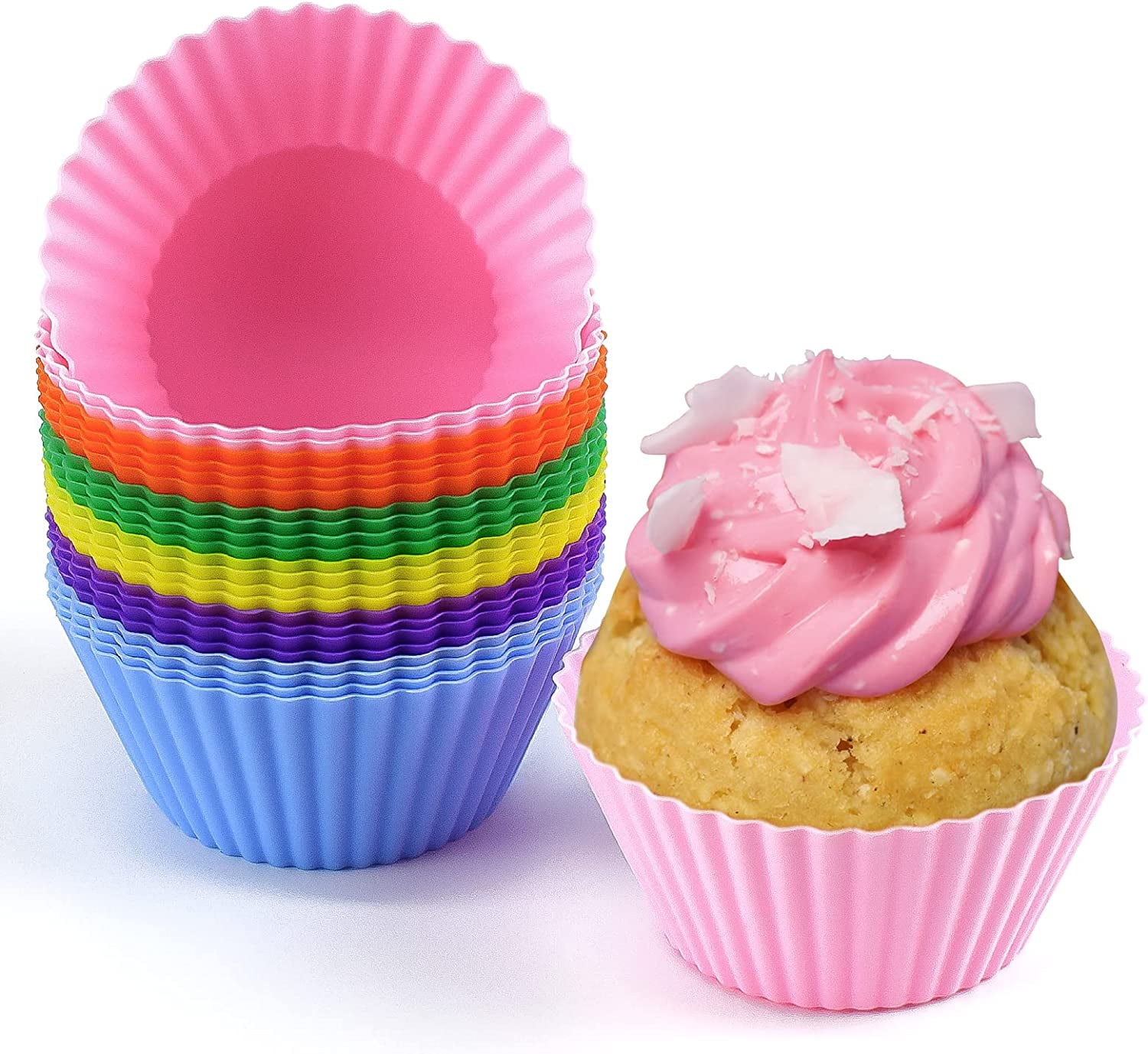 24 Pack Reusable Silicone Cupcake Baking Cups, Non-stick Muffin Liners ...