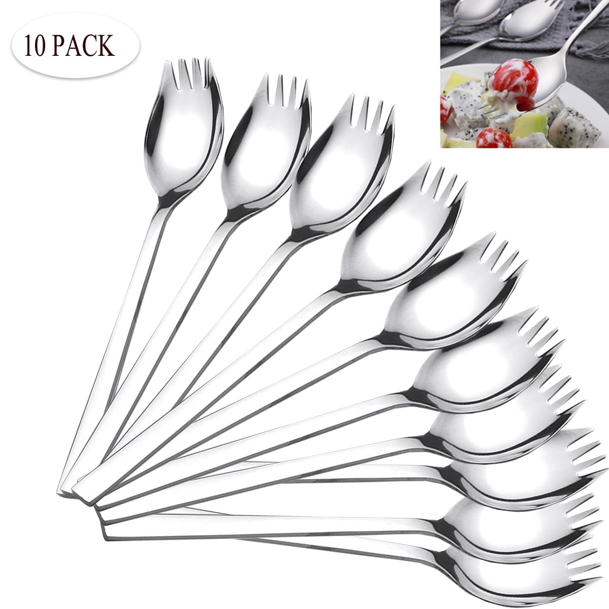 Reusable Sporks Stainless Steel, Salad Forks, 10 Pack 18/10 Stainless ...