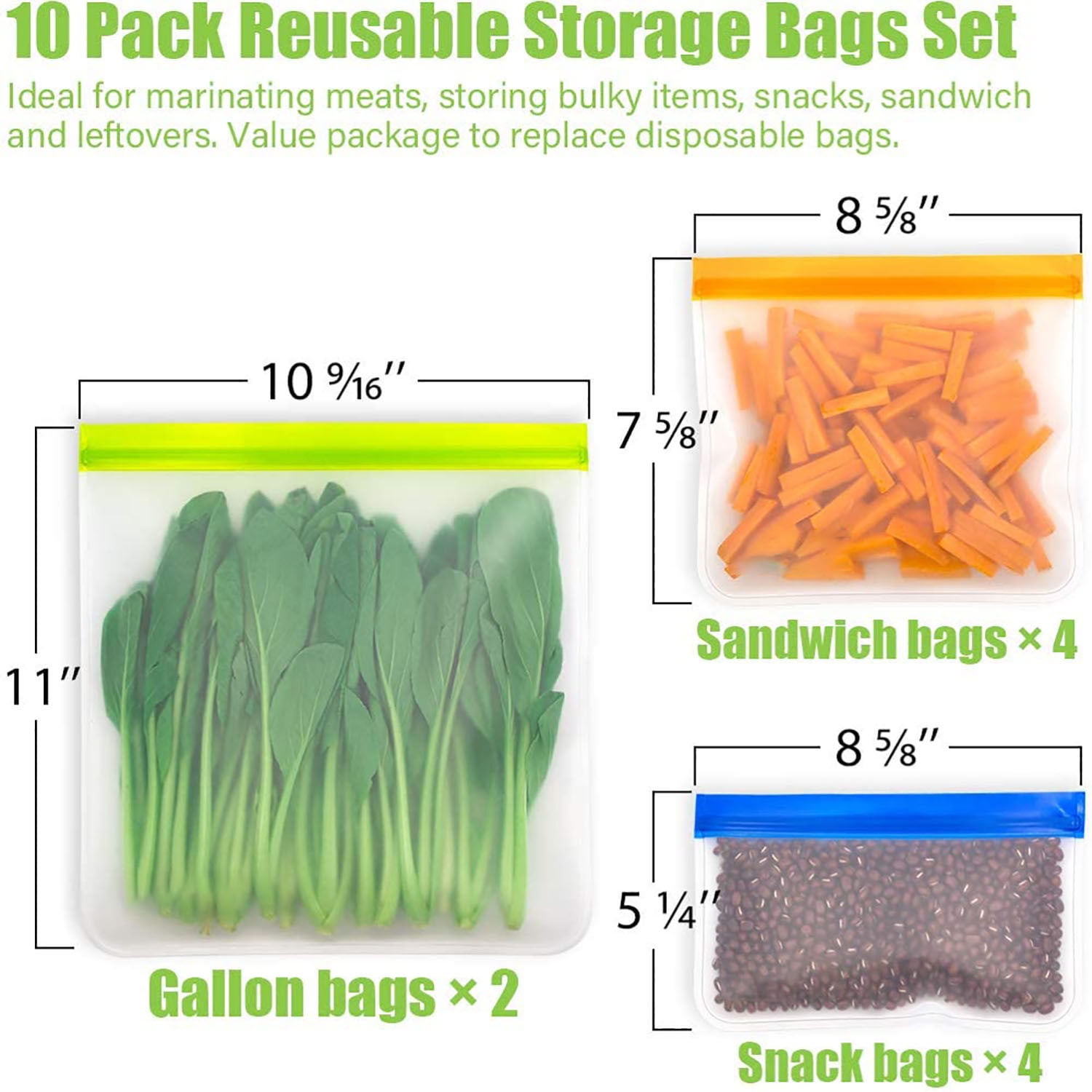 Eco-Friendly Leakproof Reusable Storage Bags - 10 Pack Ziplock Freezer ...