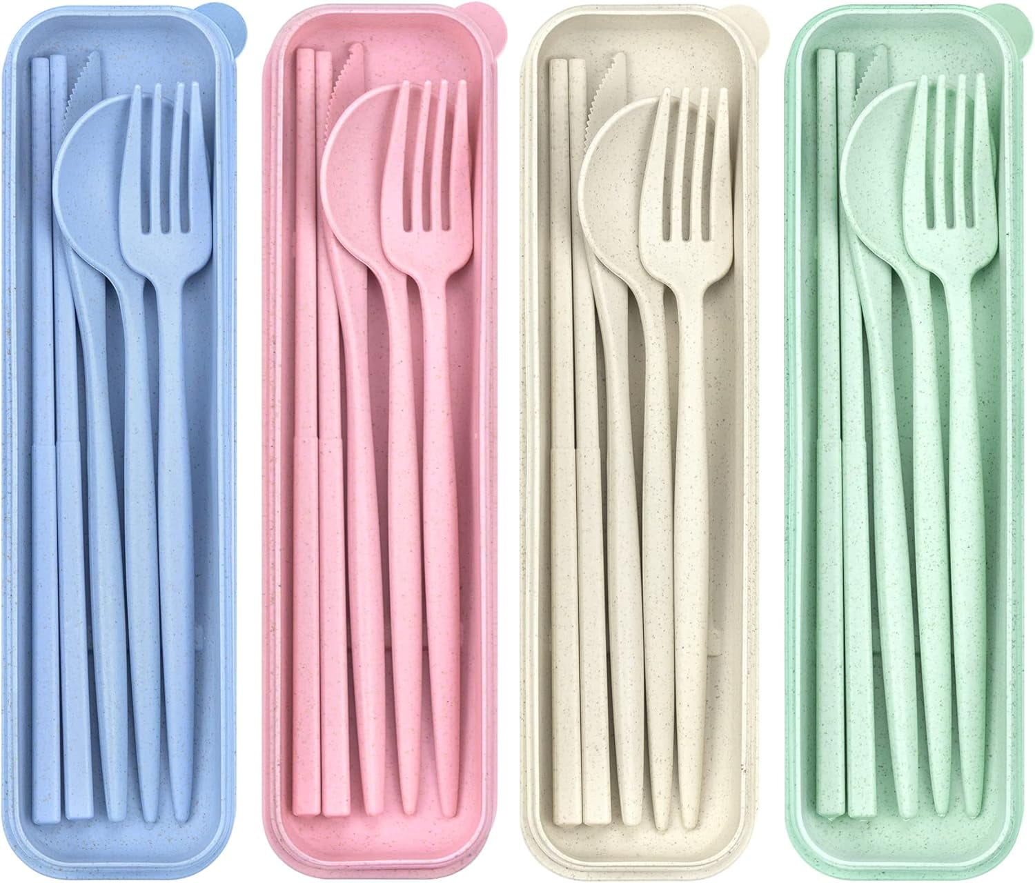 Reusable Travel Utensils with Case, 4 Sets Wheat Straw Portable Cutlery ...