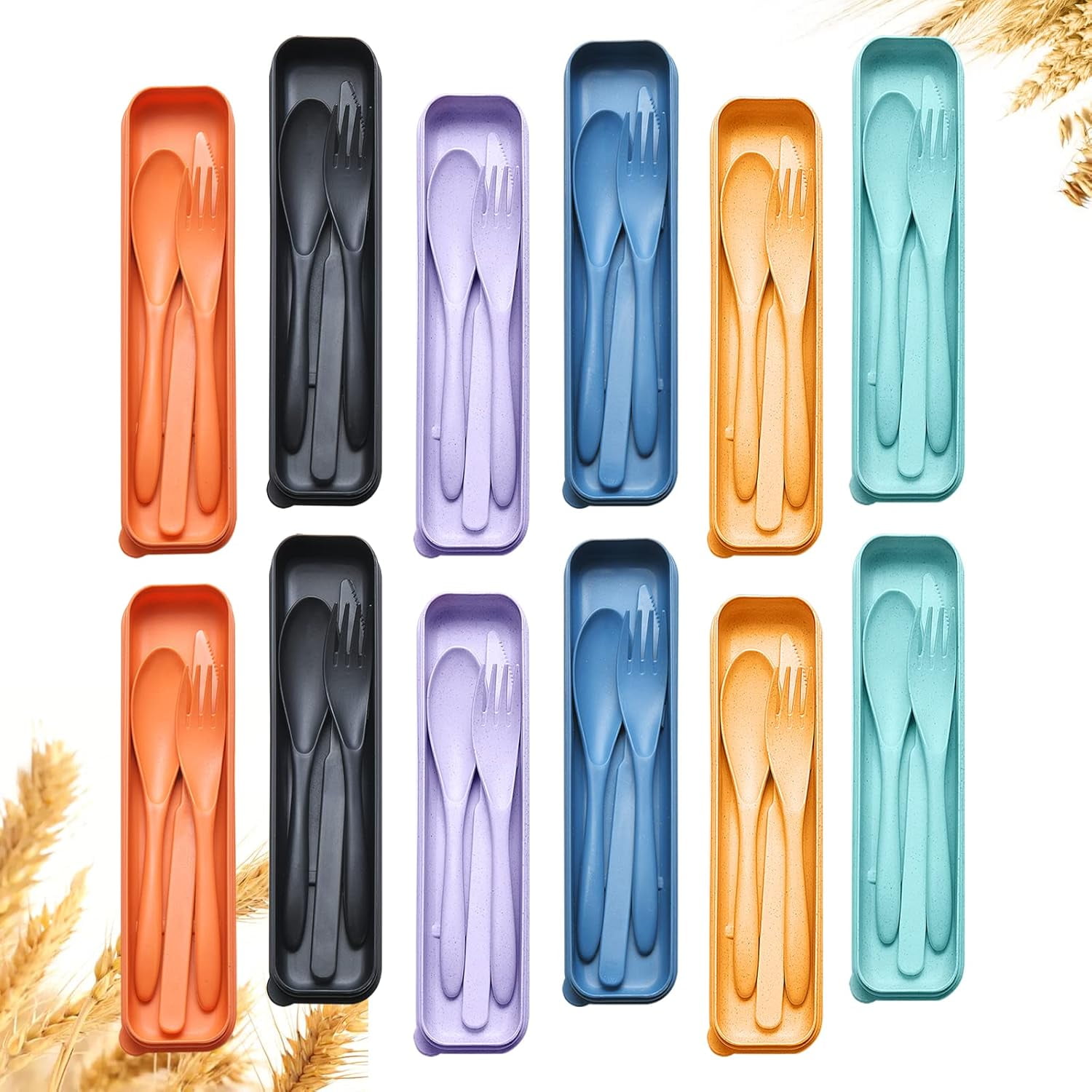 Reusable Travel Utensils Set with Case, 12 Sets Wheat Straw Portable Plastic Fork Spoons Knife ...