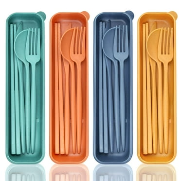 Travel Utensils Set with Case, 4 Sets Wheat Straw Reusable Spoon Knife ...