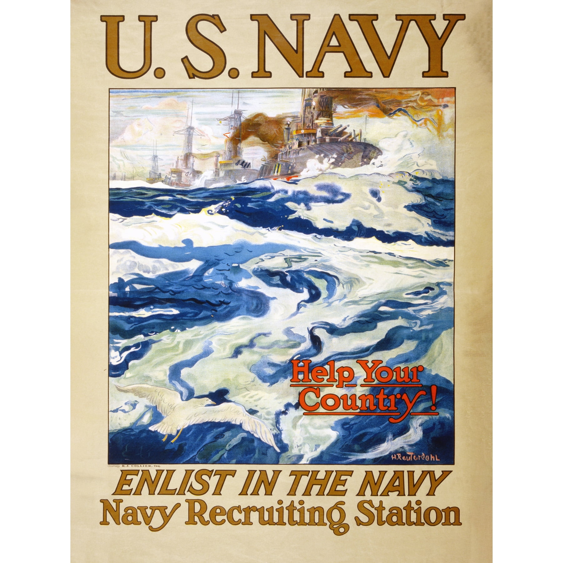 Reuterdahl USA Navy Recruitment WWI War Advert Extra Large Art Print ...
