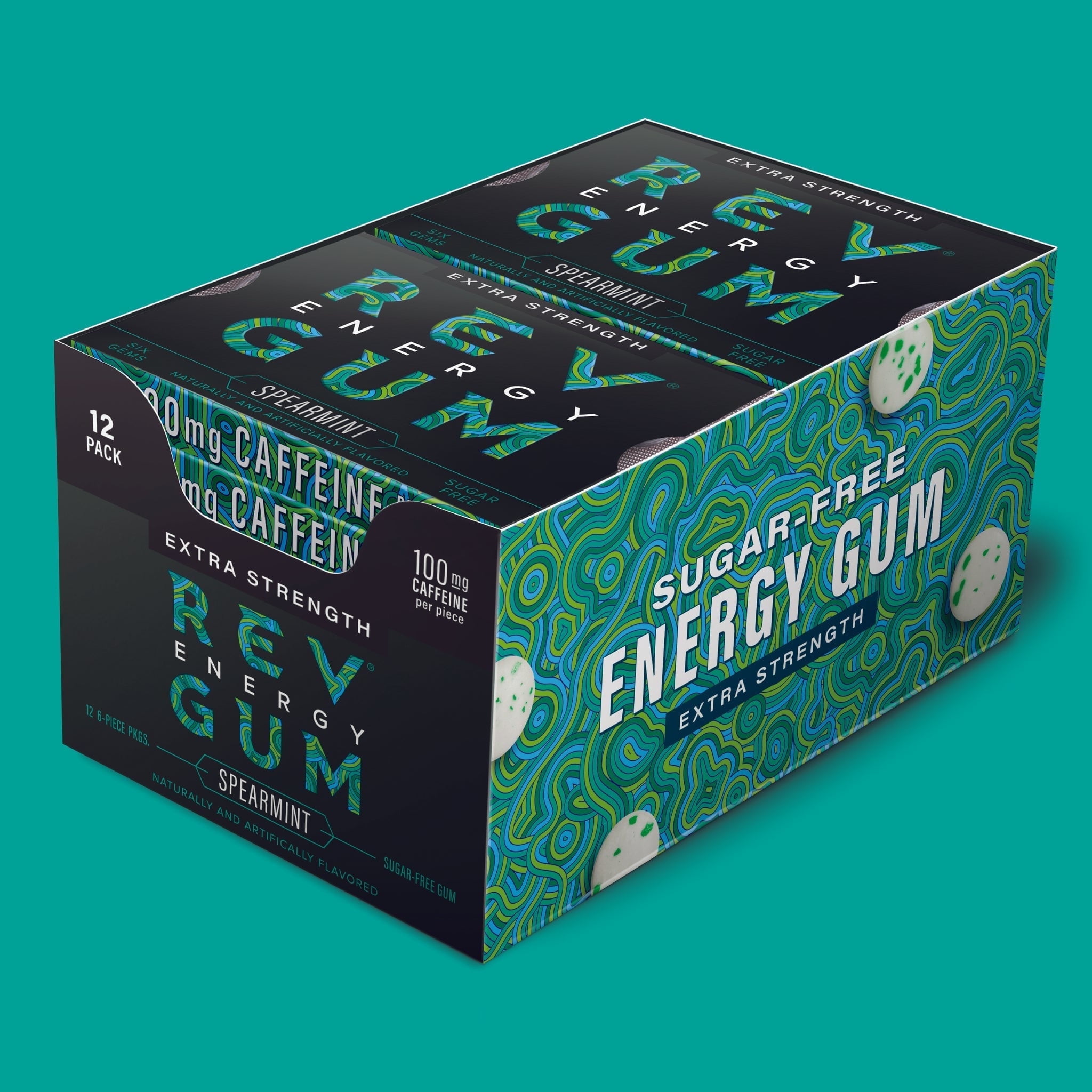 Rev Gum Extra Strength Spearmint Energy Gum, 12 Packs, 100mg Caffeine ...