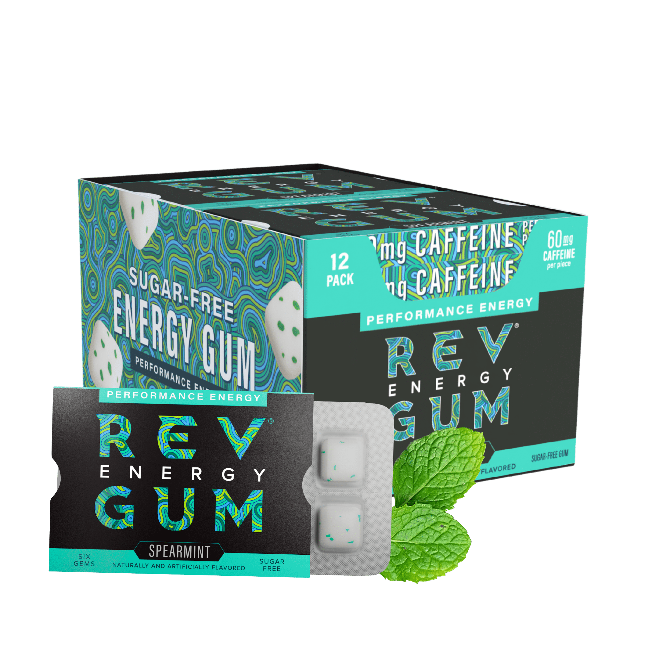 REV Sugar-Free Spearmint Caffeine Chewing Gum, Energy Boost, 12 Packs ...
