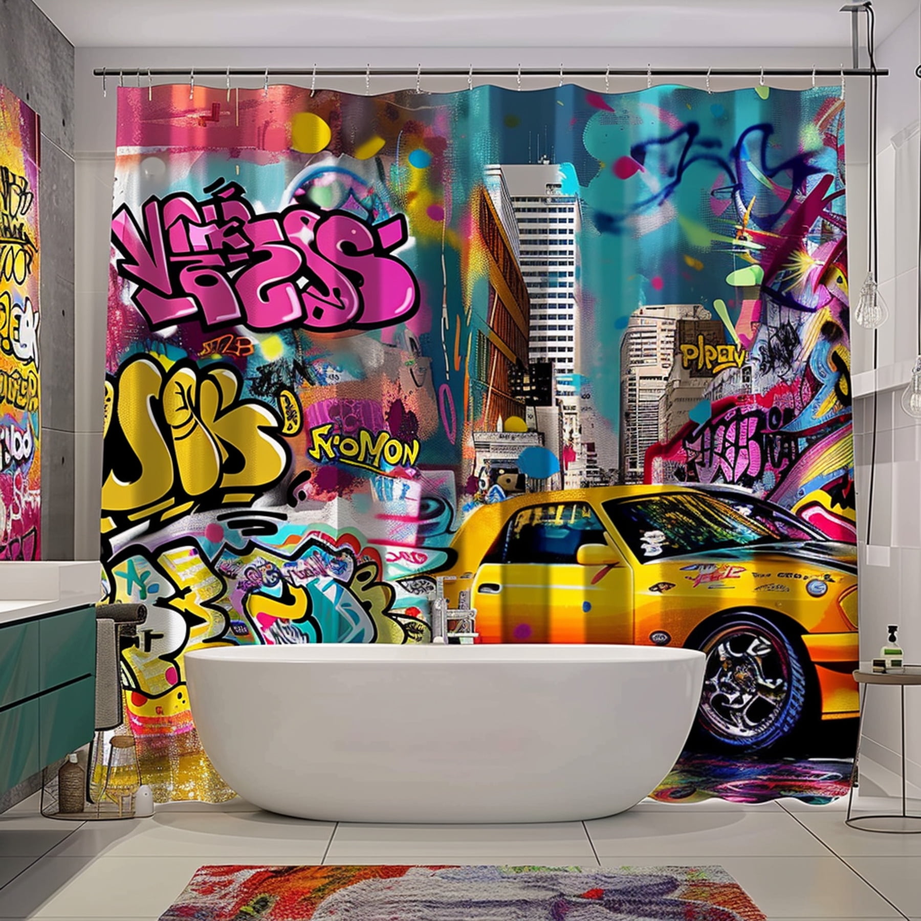 Rev up your bathroom with our Urban Graffiti Car Shower Curtain Add a ...