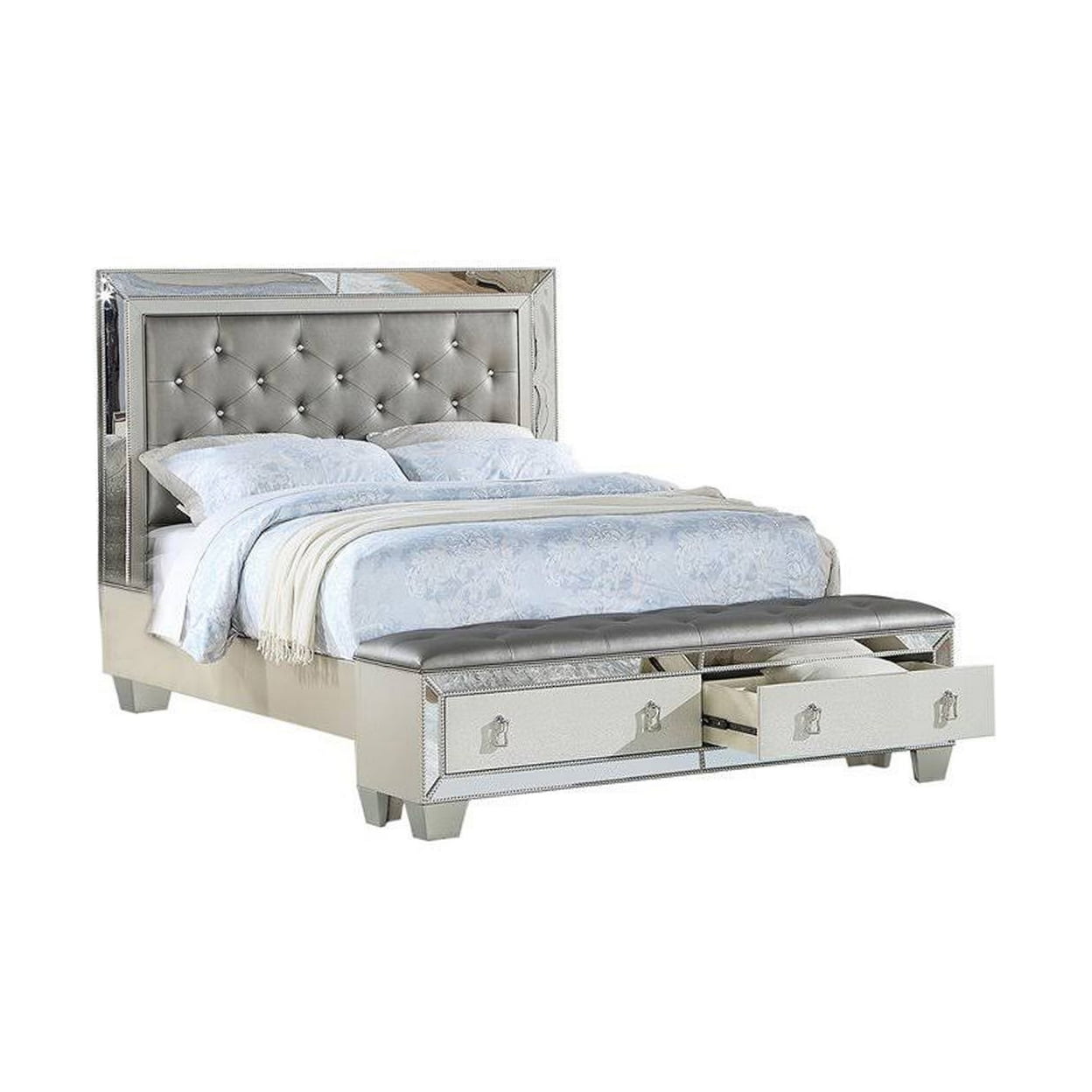 Reva Queen Bed Storage Footboard Silver Faux Leather Tufted Upholstery ...